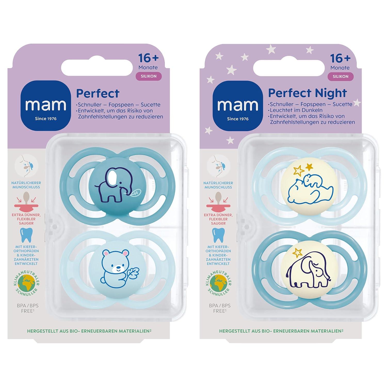 Mam Perfect Day & Night Pacifier Set - Teeth-Friendly Eco-Friendly Glow ...