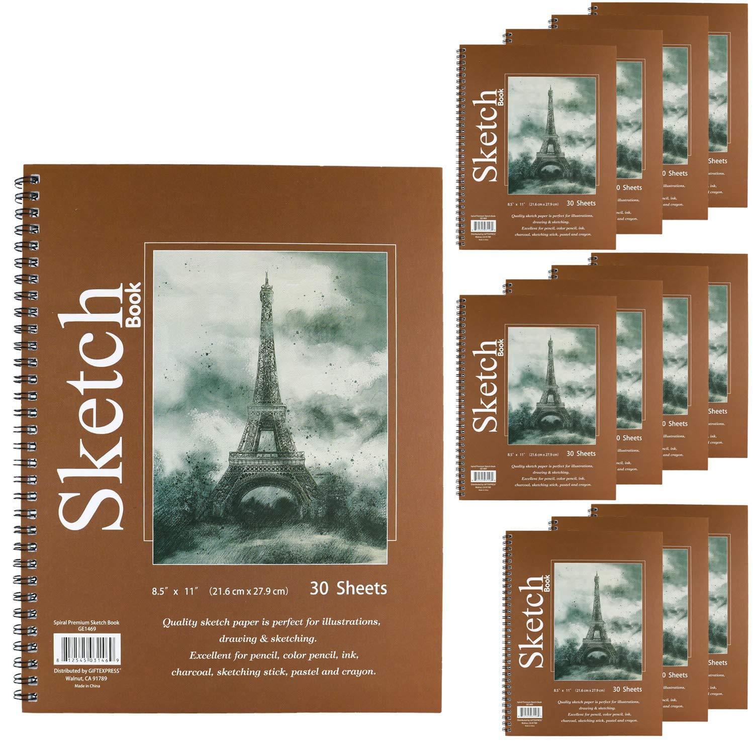 GIFTEXPRESS Pack of 12 Letter Size Spiral Sketch Pads - 30 Sheets Each ...