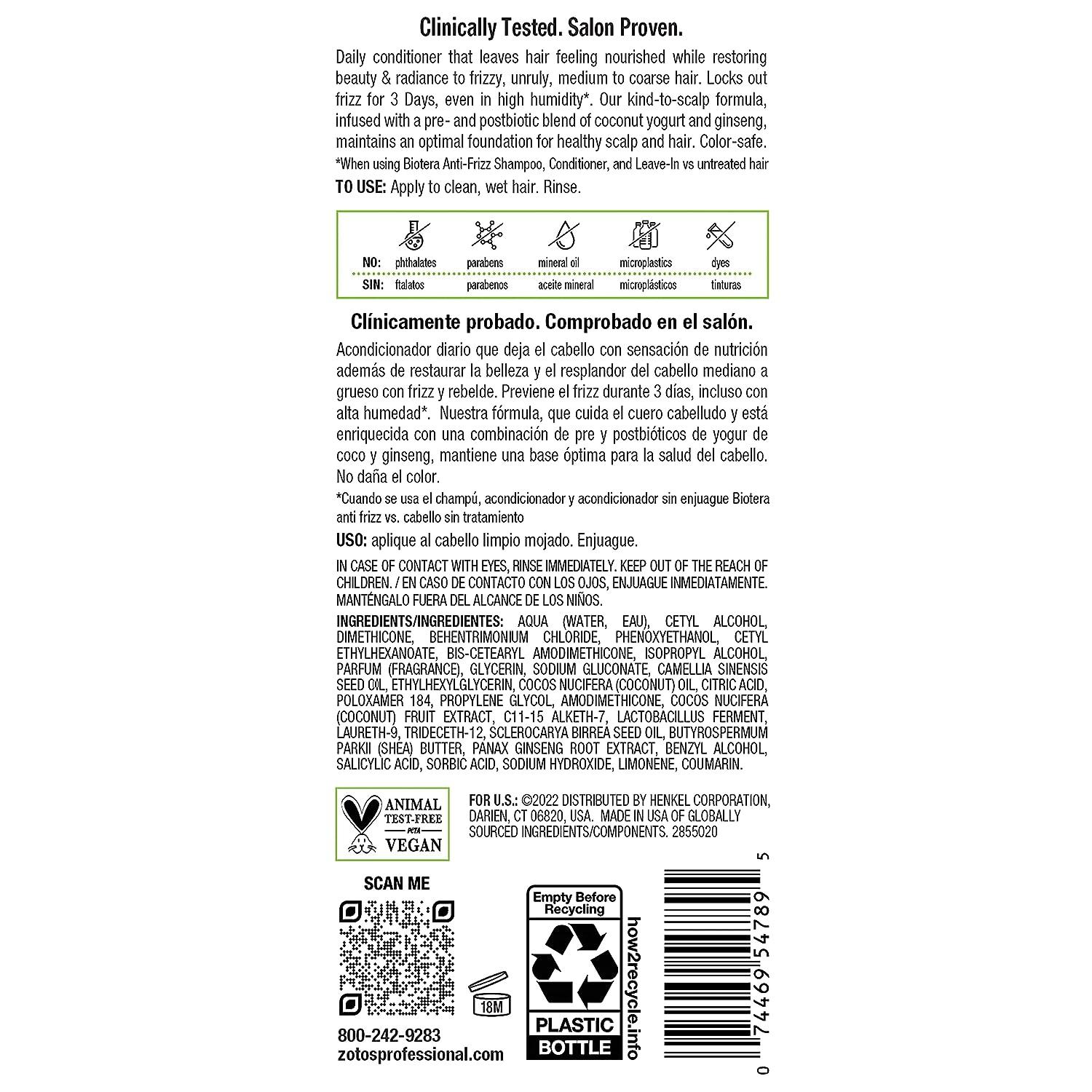 BIOTERA Anti Frizz Intense Smoothing Shampoo and Conditioner - Vegan ...