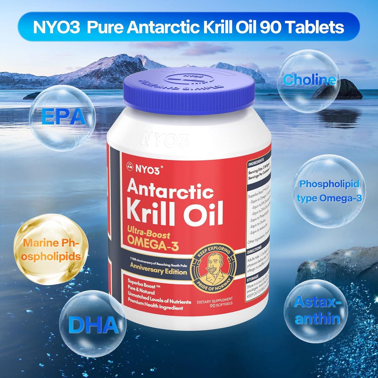 NYO3 Krill Oil 1000mg Omega 3 Supplement EPA & DHA 90 Softgels | Antarctic Krill Oil with ...