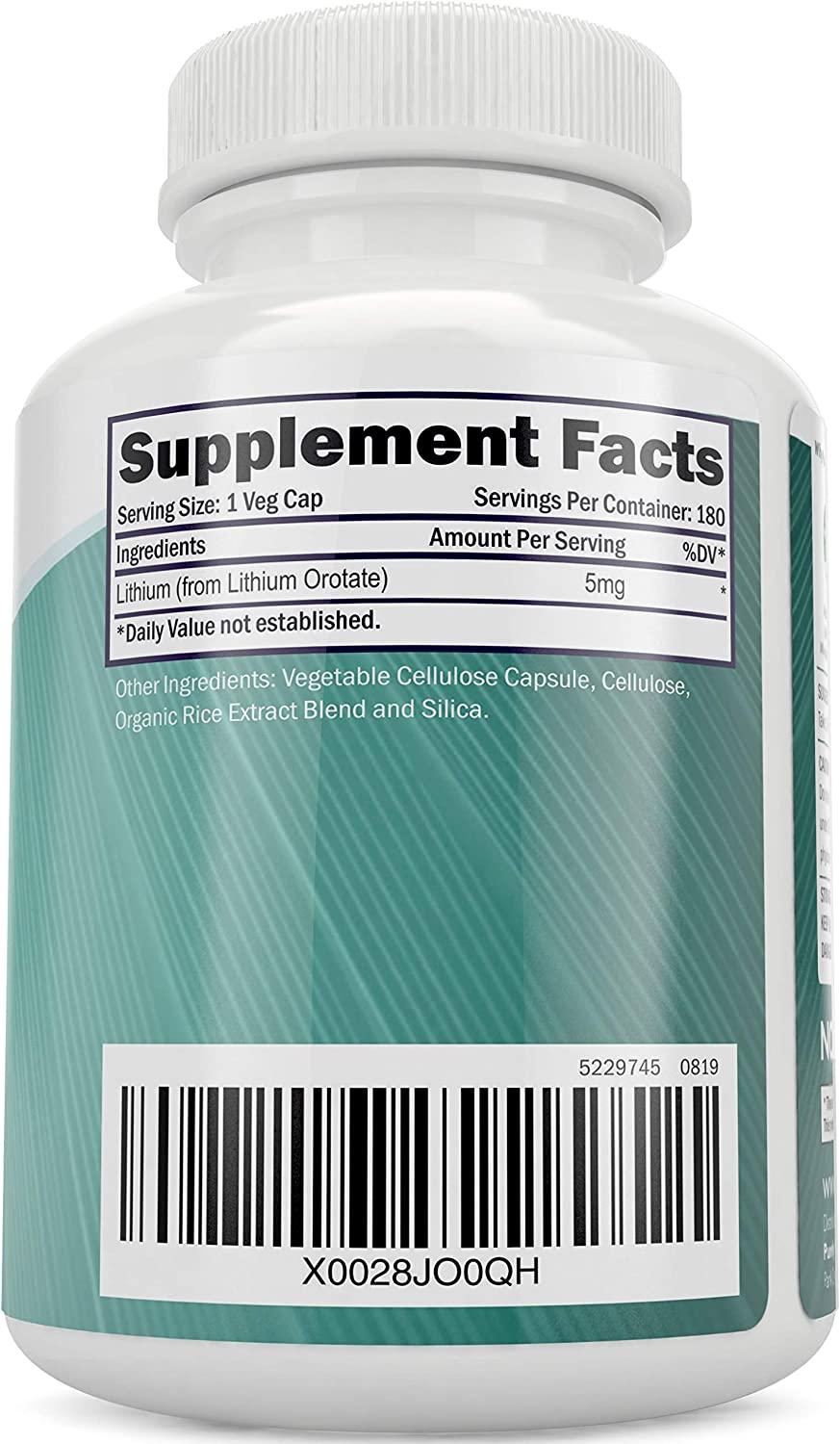 Lithium Orotate 5mg - 180 Vegetarian Capsules for Healthy Mood ...