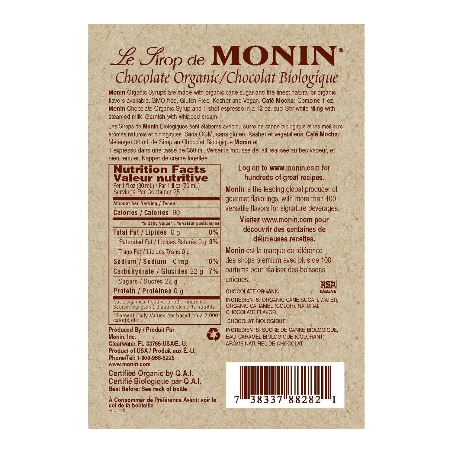 Monin Organic Chocolate Syrup 750ml - Premium Cocoa Flavored Syrup ...