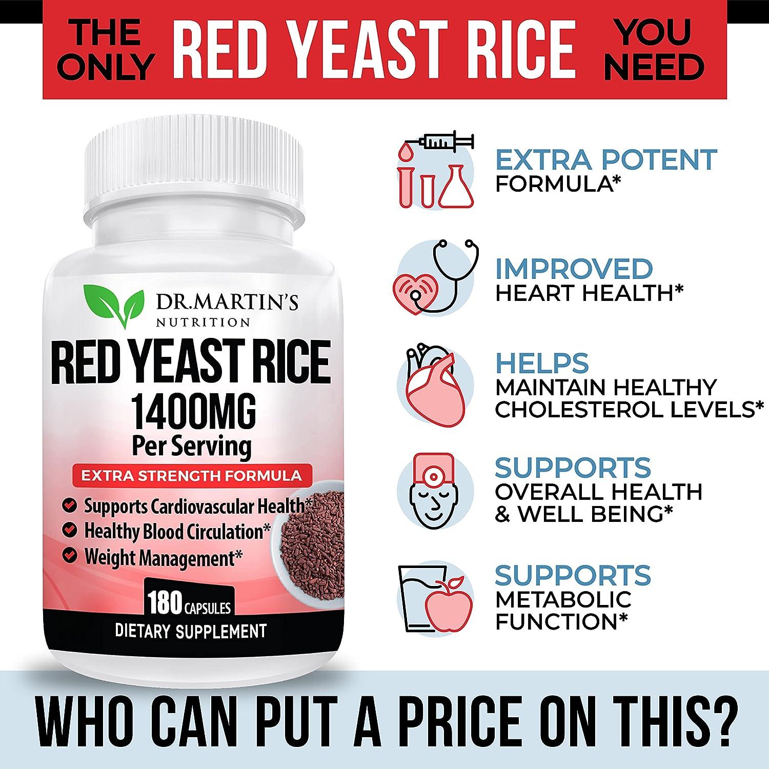 Red Yeast Rice Extract 1400mg 180 Count - Supports Healthy Cholesterol ...