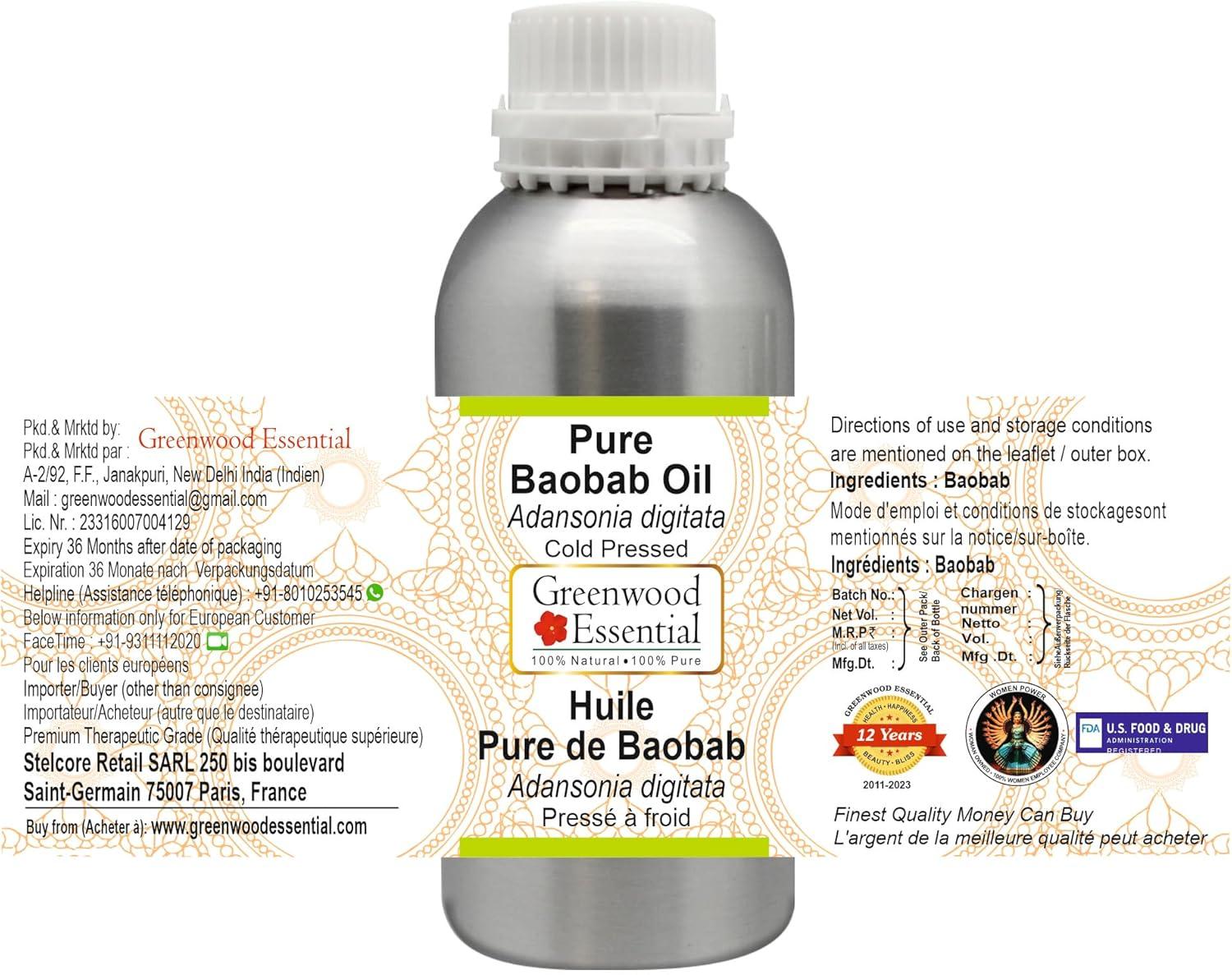 Greenwood Essential Pure Baobab Oil - 300ml Cold Pressed Therapeutic ...