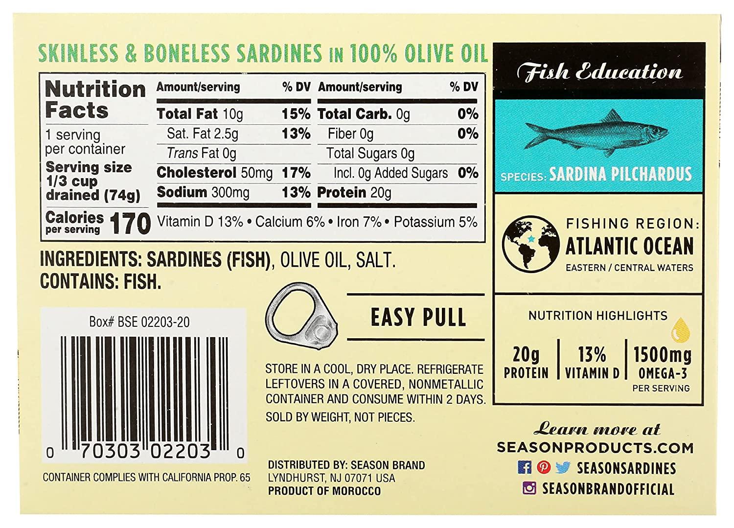 Season Brand Skinless Boneless Sardines in Olive Oil - 3.75 oz ...
