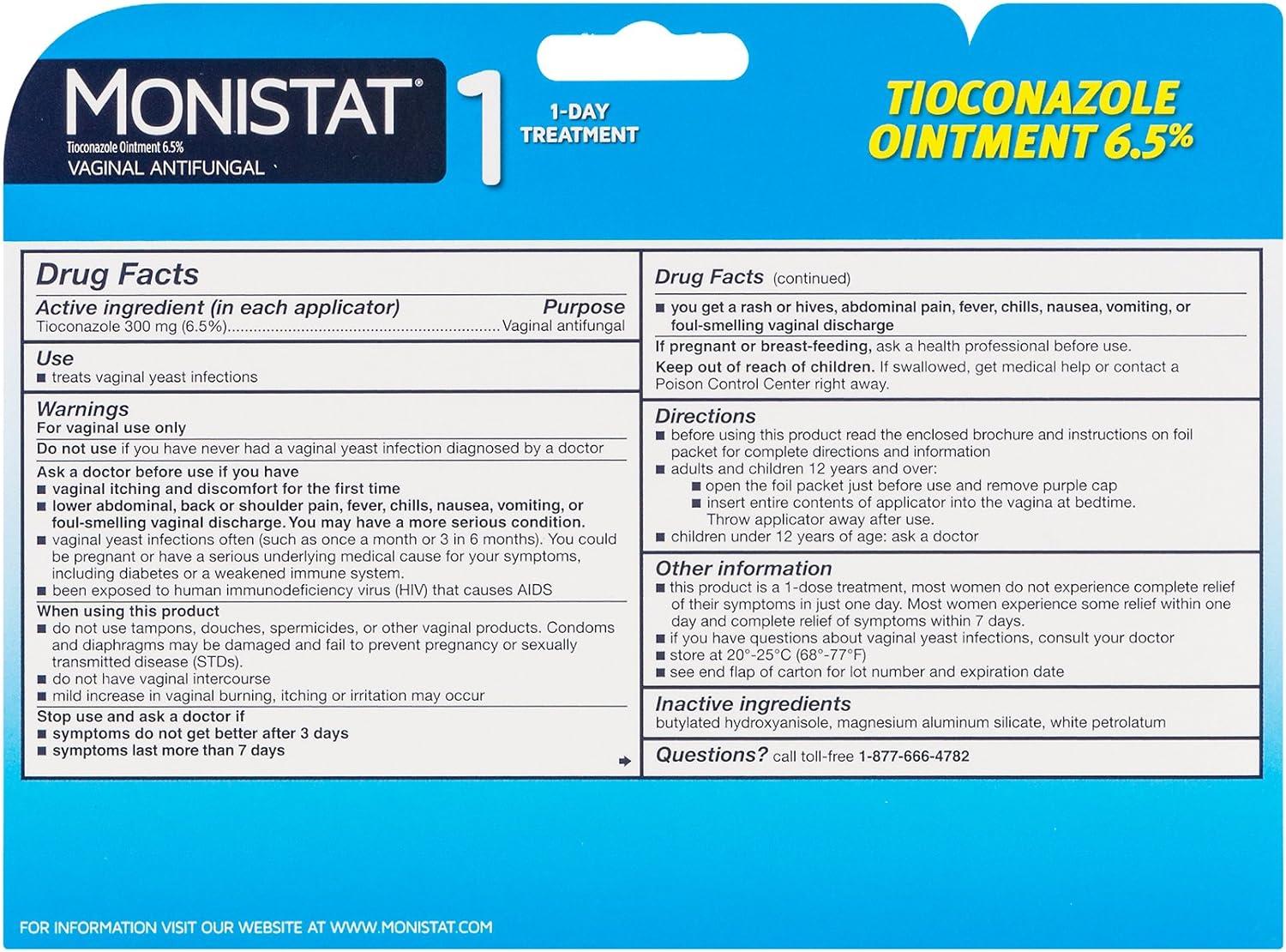 Monistat 1-Day Yeast Infection Treatment | Tioconazole Ointment | 1 ...