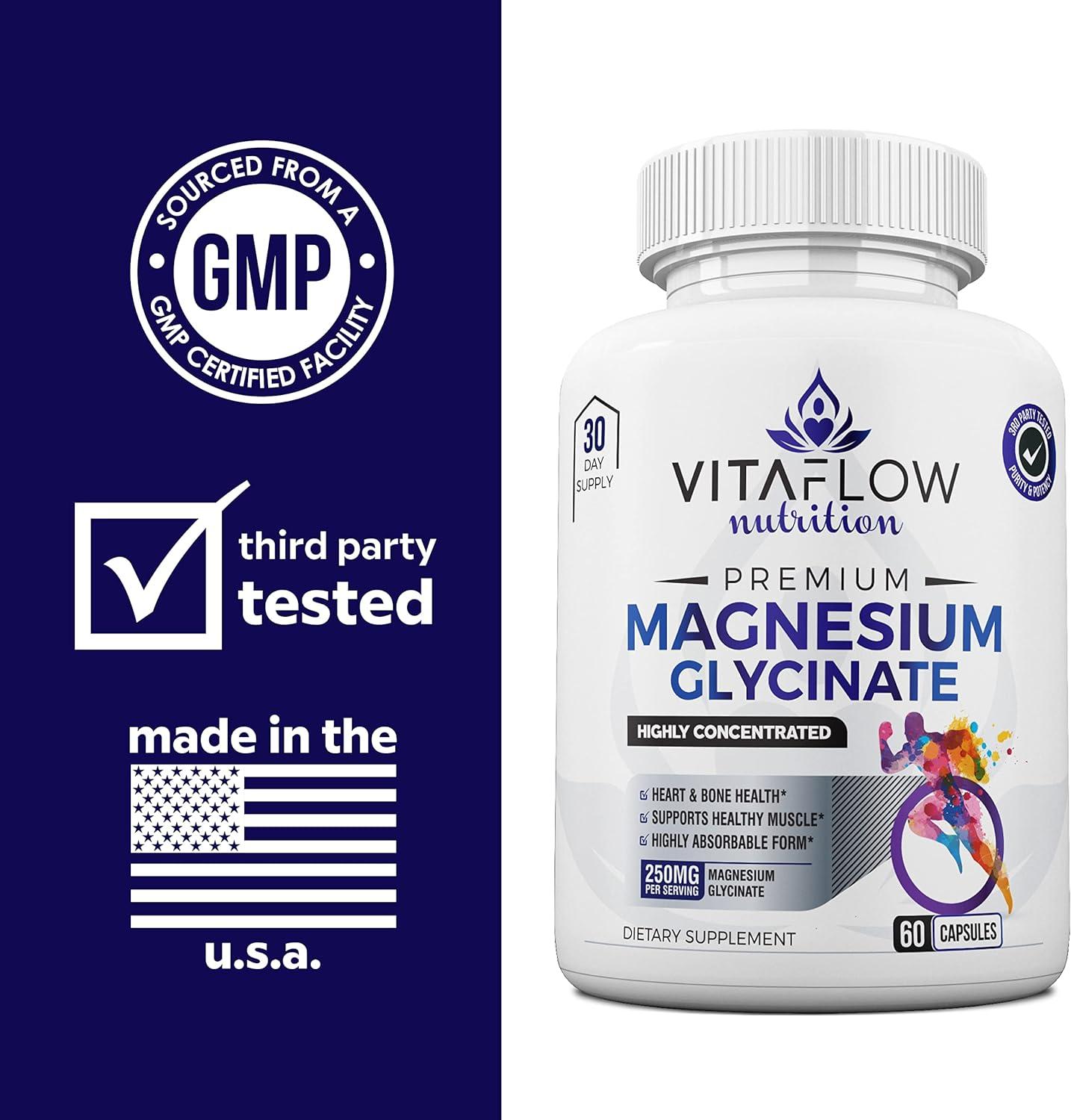 VitaFlow Nutrition Magnesium Glycinate Supplement - 60 Capsules 250mg ...
