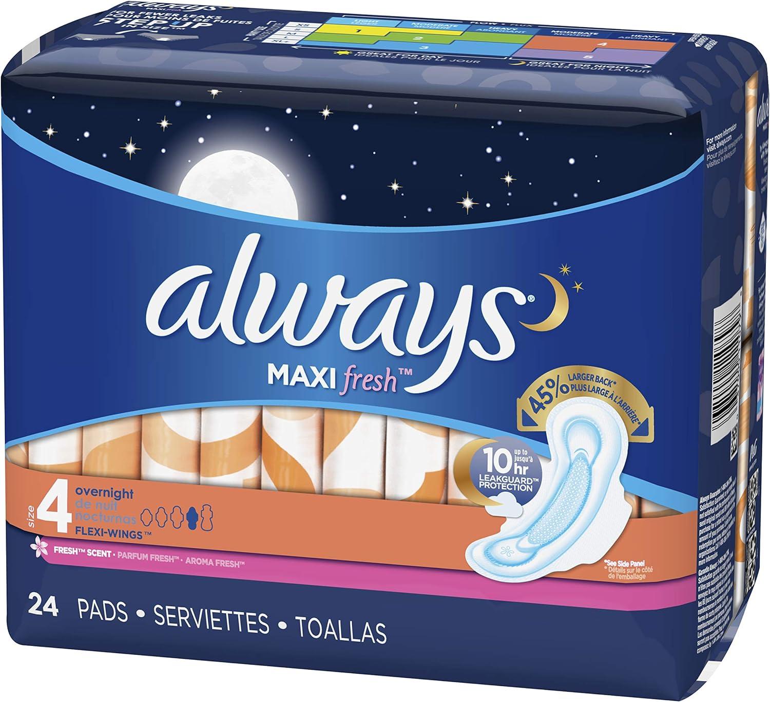Always Fresh Maxi Flexi-Wings Overnight Pads - 24 Count, Clean Fresh ...