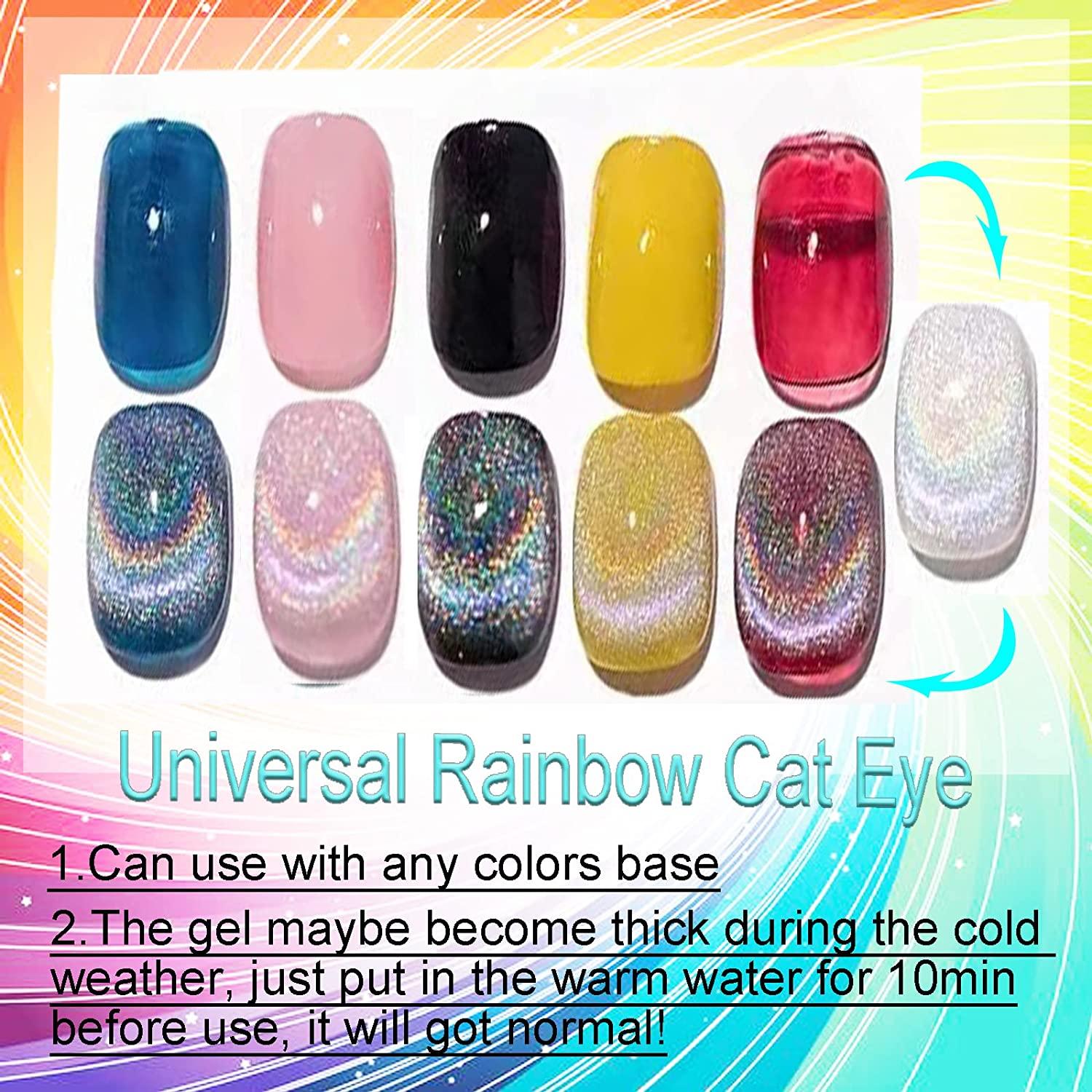Rainbow Cat Eye Gel Nail Polish | Holographic Magnetic with Glitter ...