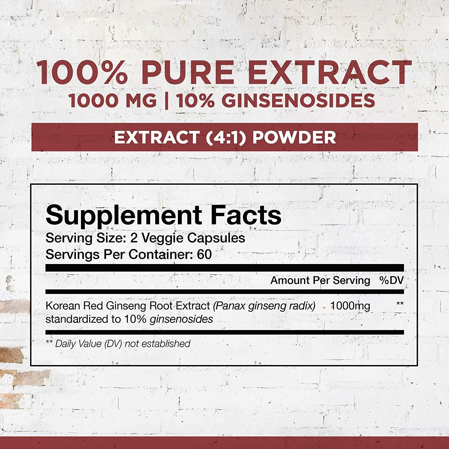 Panax Red Ginseng Extract 1000mg - 4X Potency, 10% Ginsenosides, Energy ...