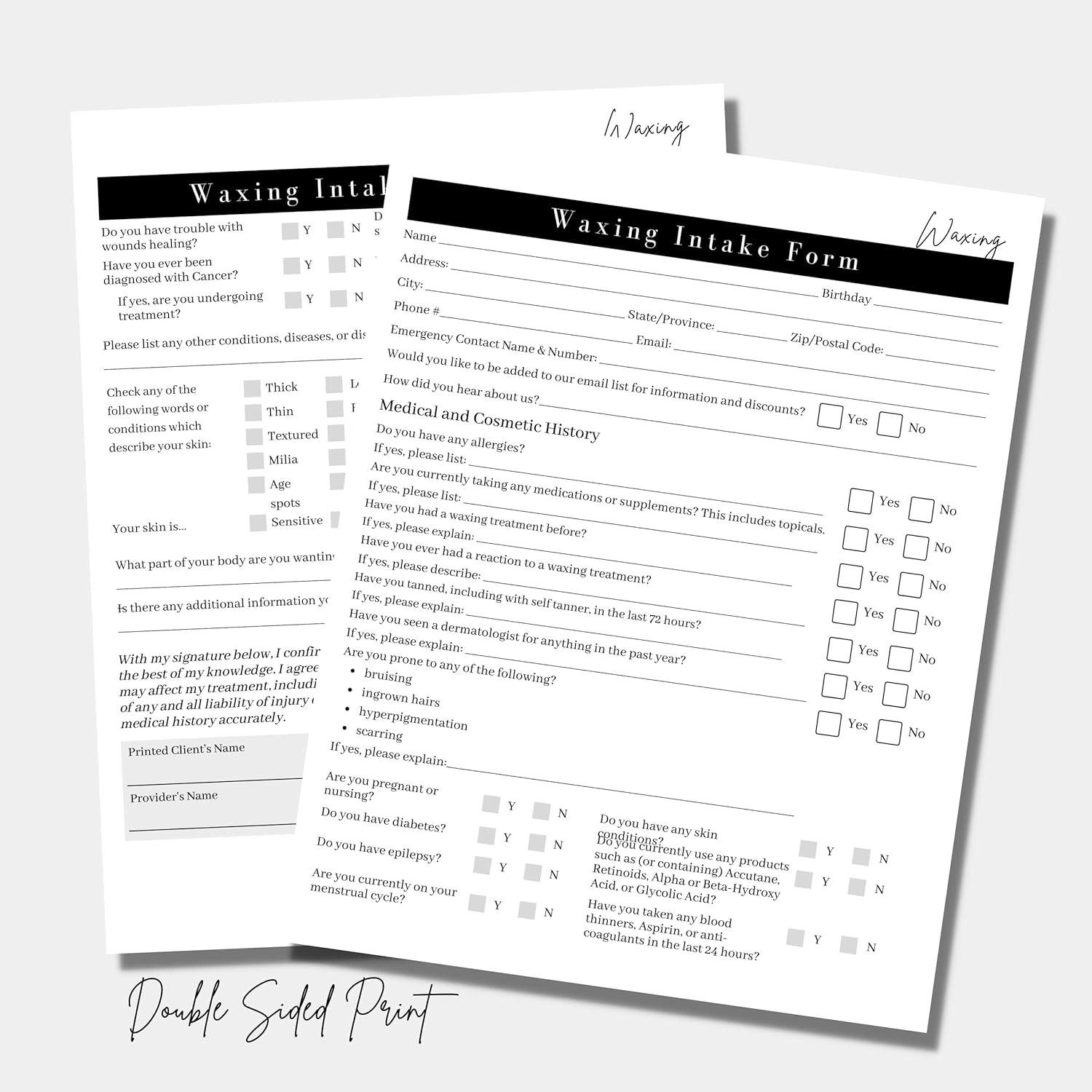 75 Wax Consumption & Post-Treatment Forms | A1 Size | Client Signature ...