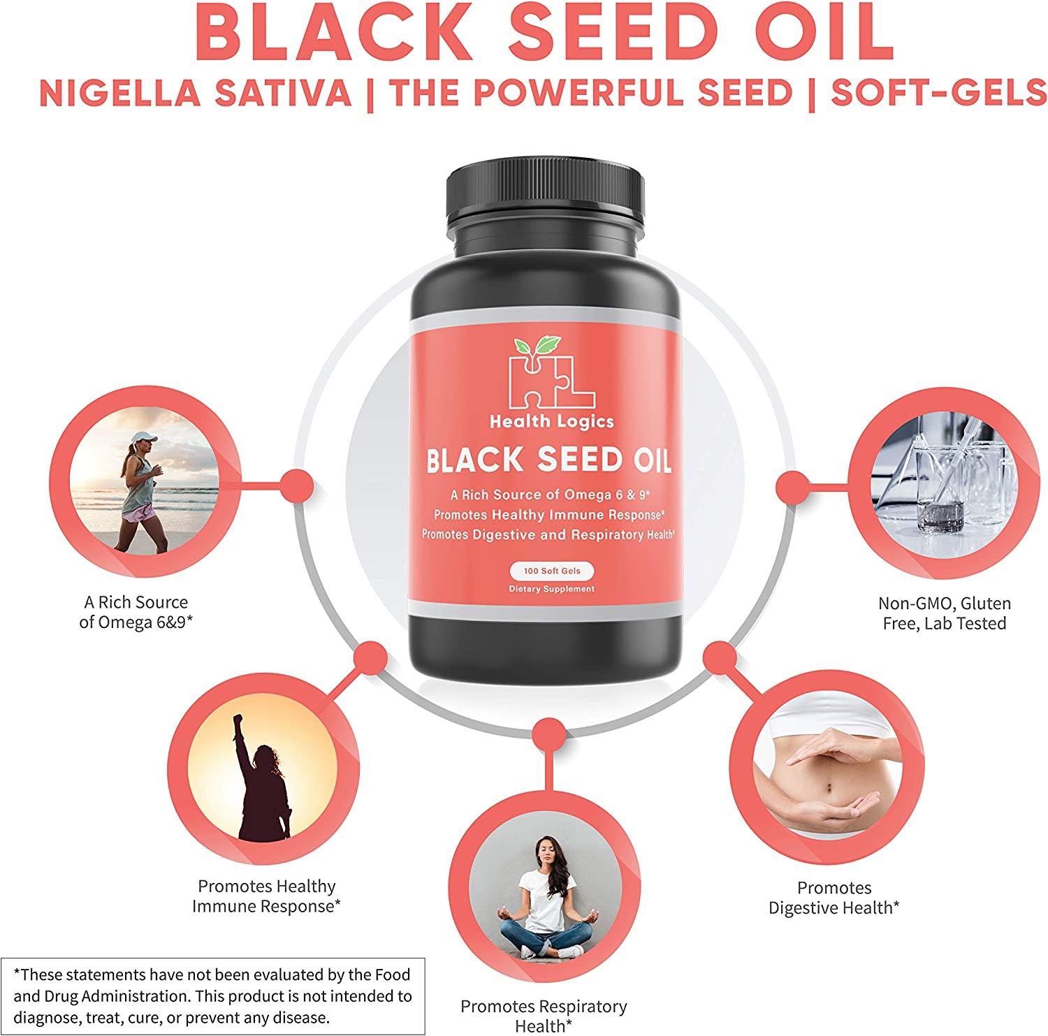 Health Logics Black Seed Oil - Cold Pressed, Omega 6 & 9, 100 Soft Gel ...