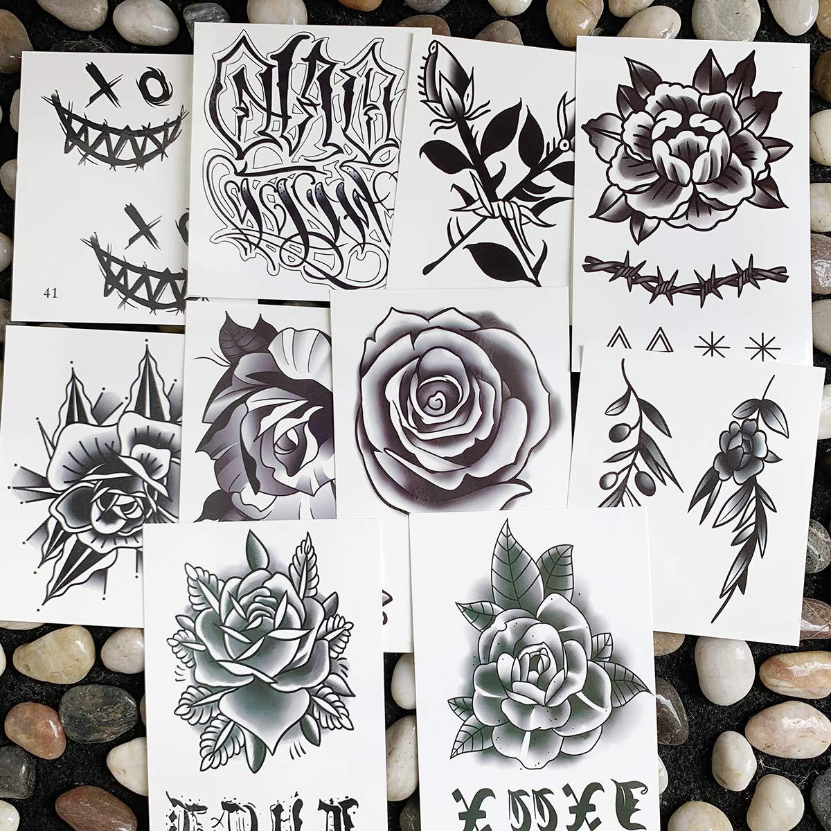 Oottati Waterproof Black Gothic Flower Rose Temporary Tattoo Stickers ...