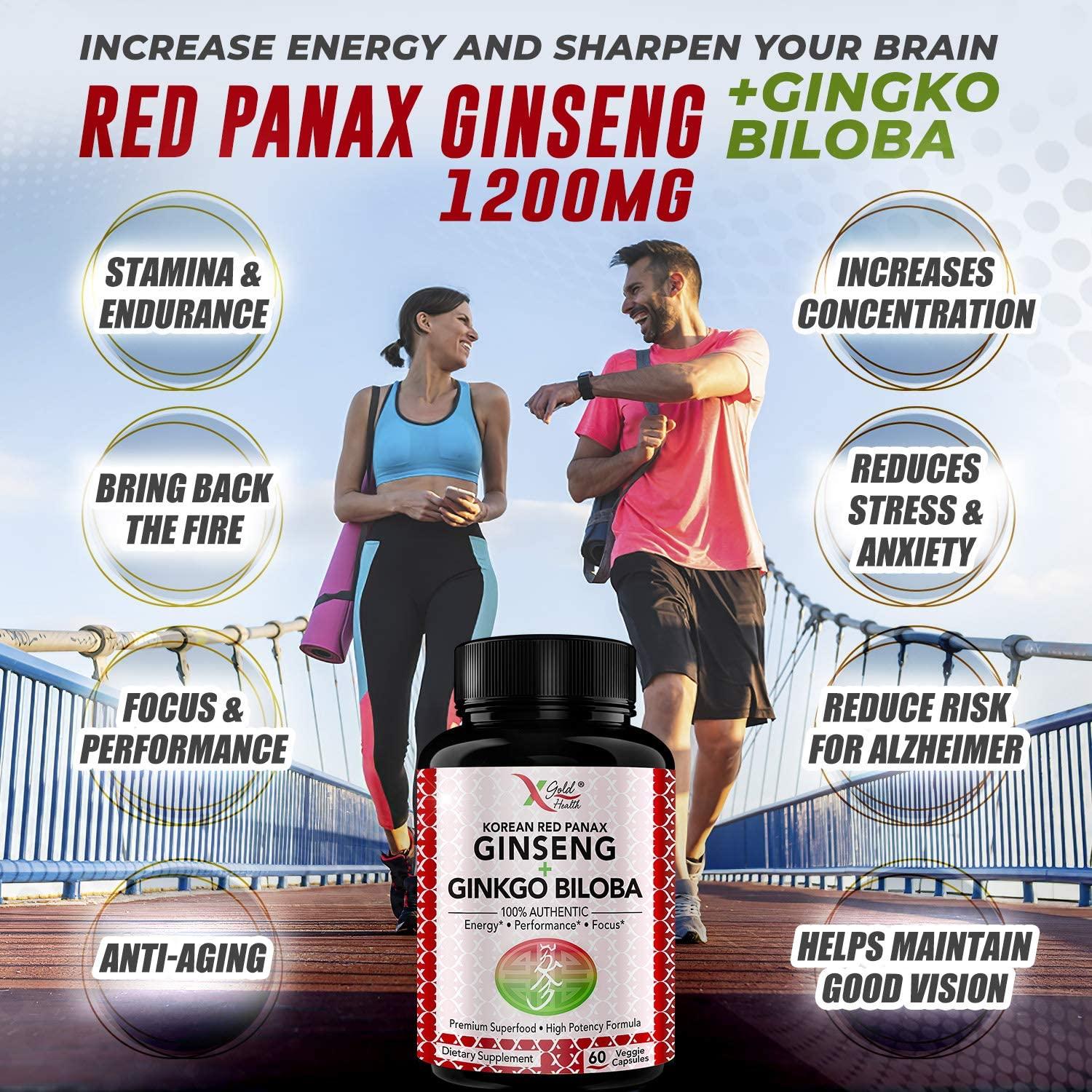Korean Red Panax Ginseng 1200mg + Ginkgo Biloba Extra Strength ...
