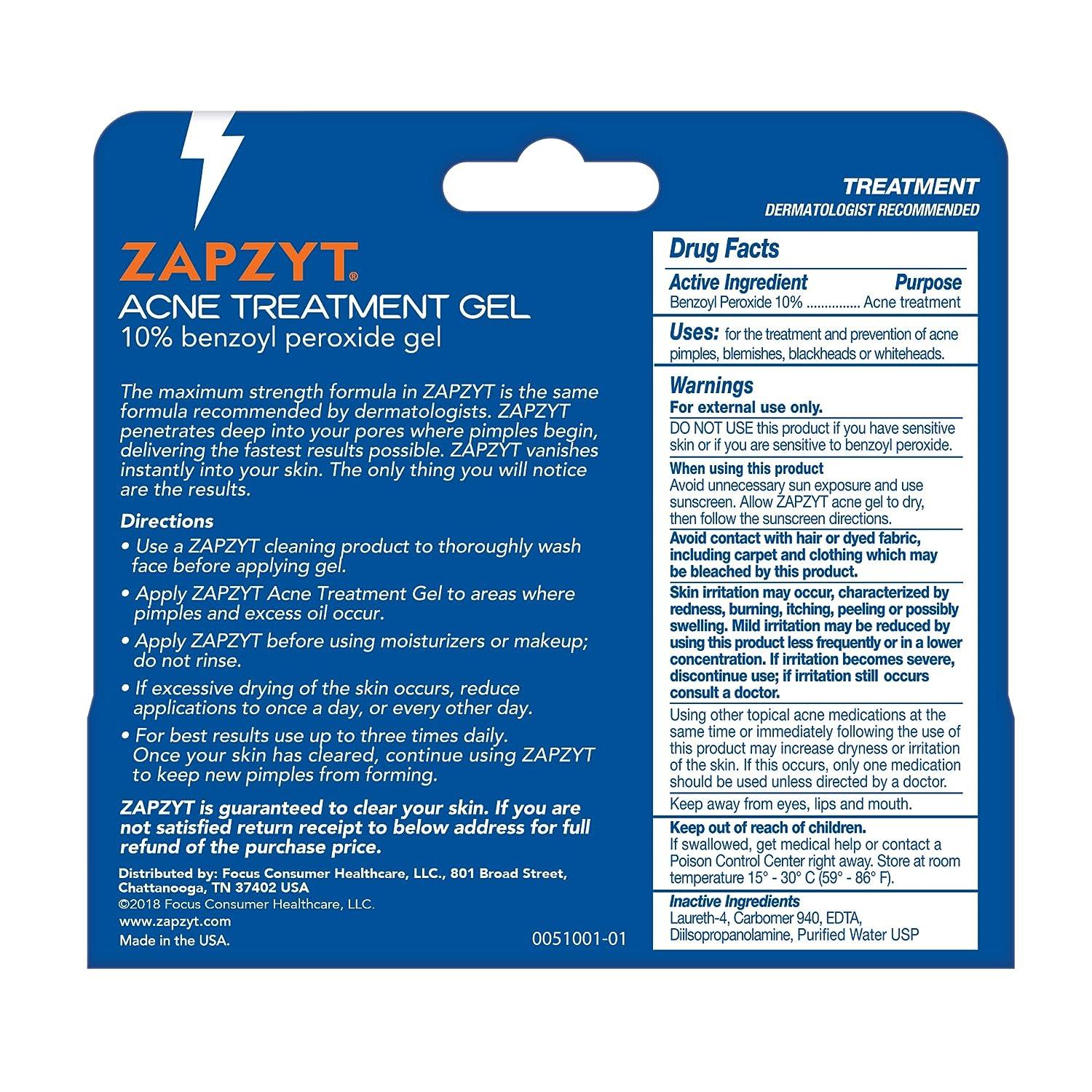 Zapzyt Maximum Strength 10% Benzoyl Peroxide Acne Treatment Gel - 1 oz ...
