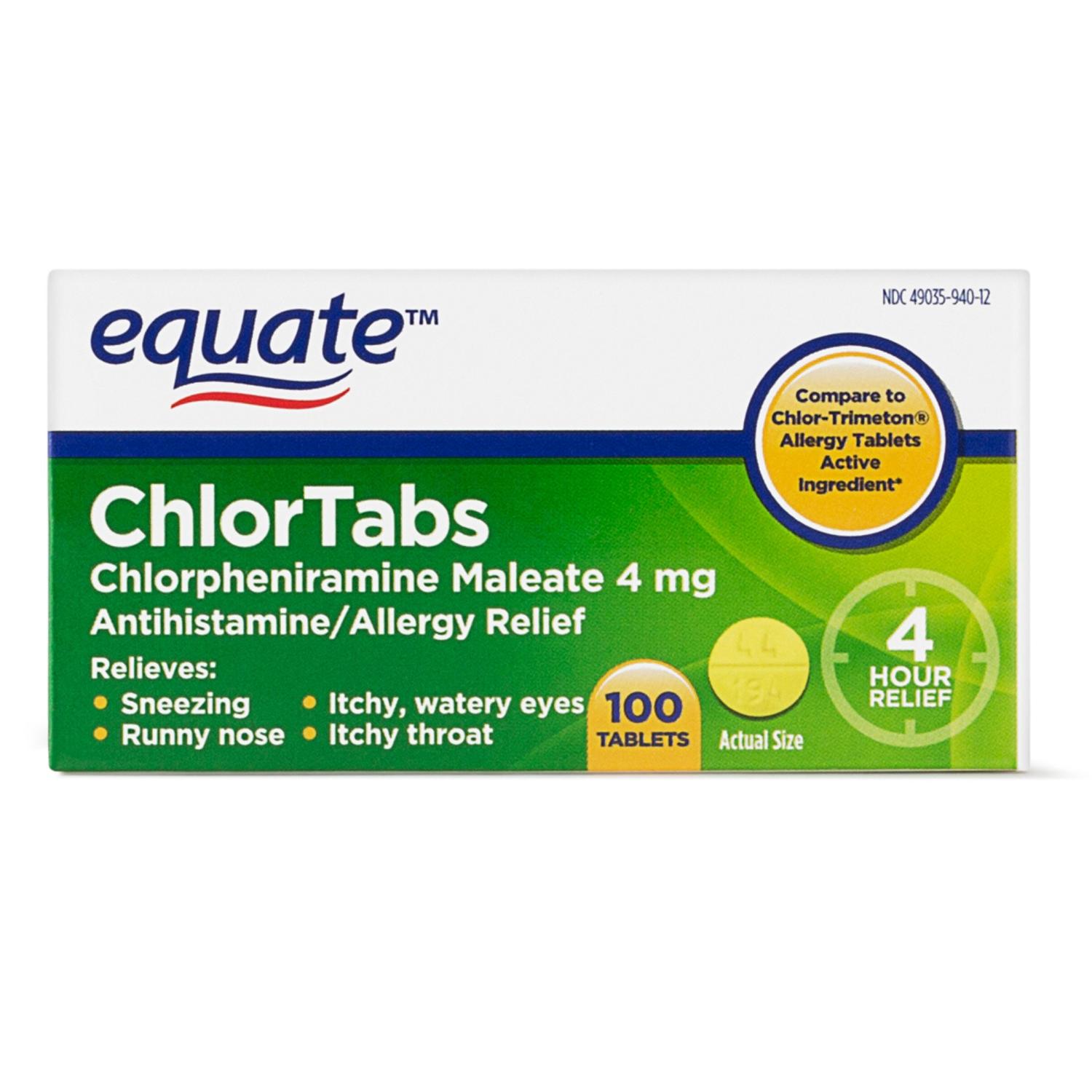 Equate Chlortabs Tablets Antihistamine (300 ct) - Fast Allergy Relief ...