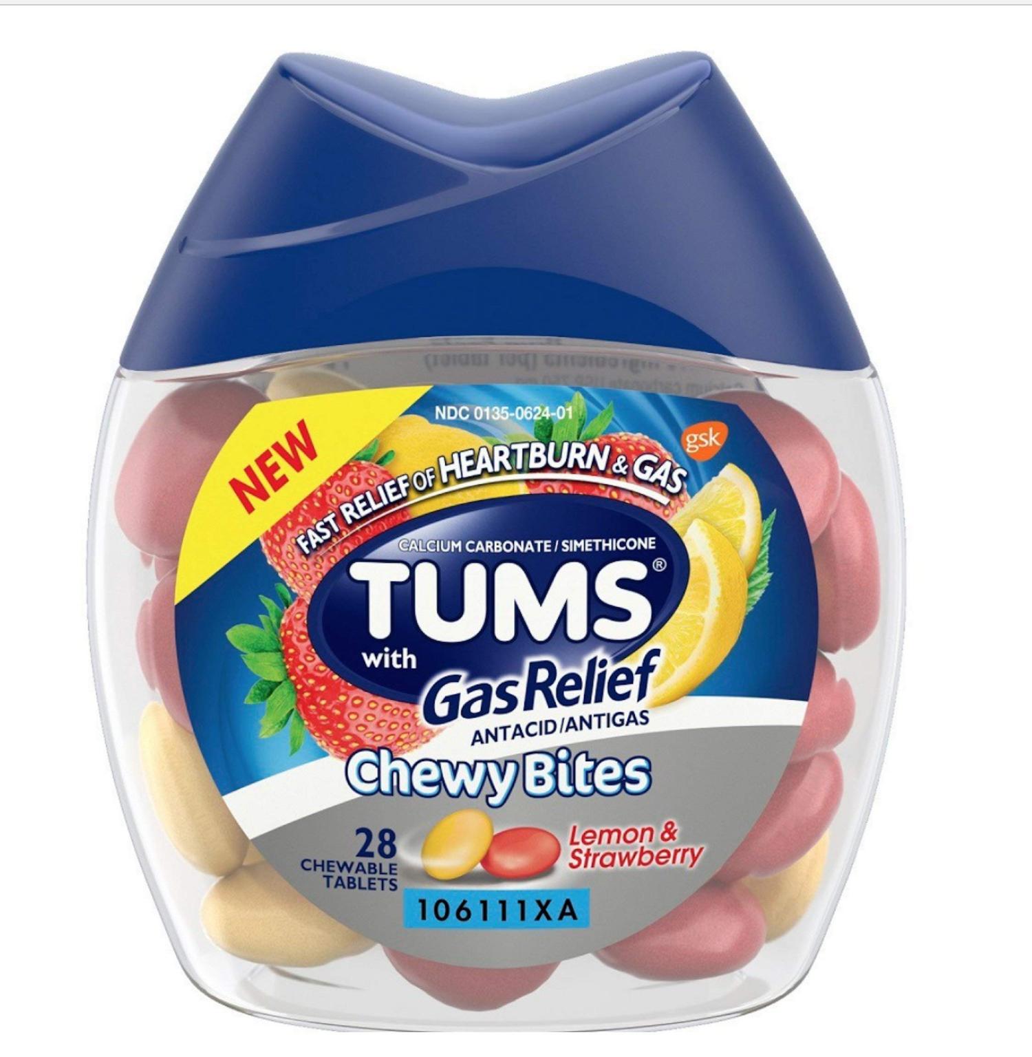 28 Count (1 Package) Tums Chewy Tablets with Gas Relief - Lemon And ...