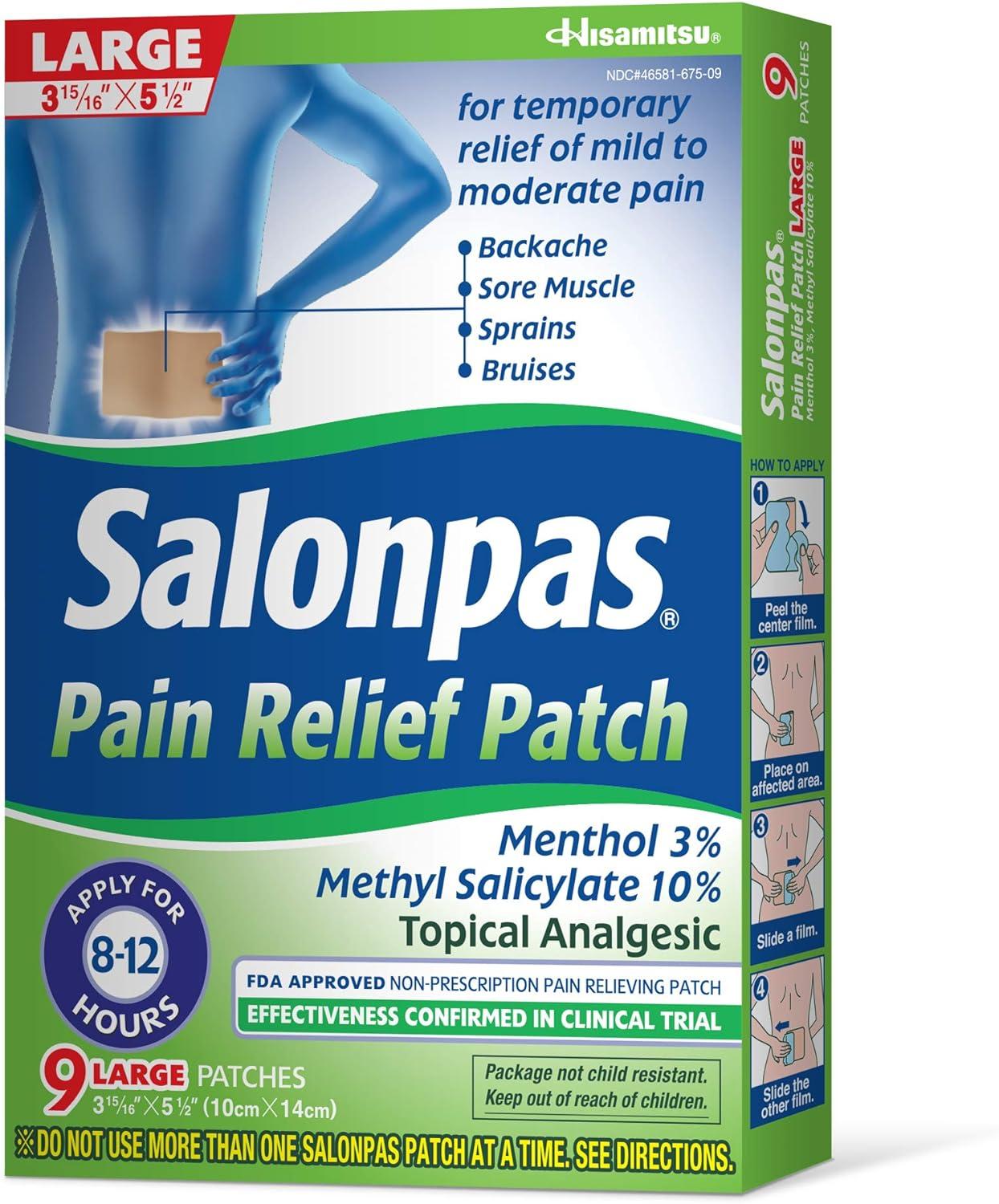 Salonpas Pain Relieving Patch - Large 9 Count - 12 Hour Relief for Back ...