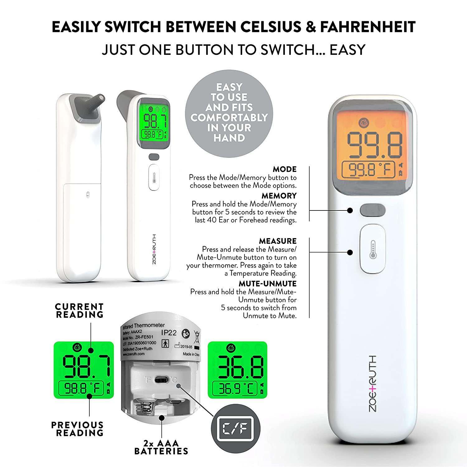 Zoe+Ruth Medical Grade Non-Contact Forehead & Ear Thermometer - Fast ...