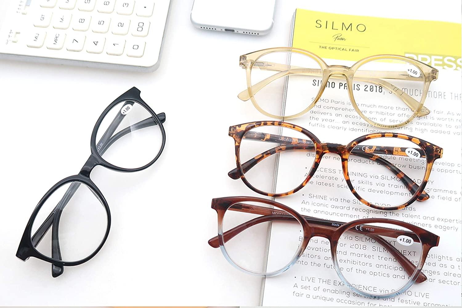 Women's Large Round Frame Reading Glasses 4Pack with Spring Hinges and ...