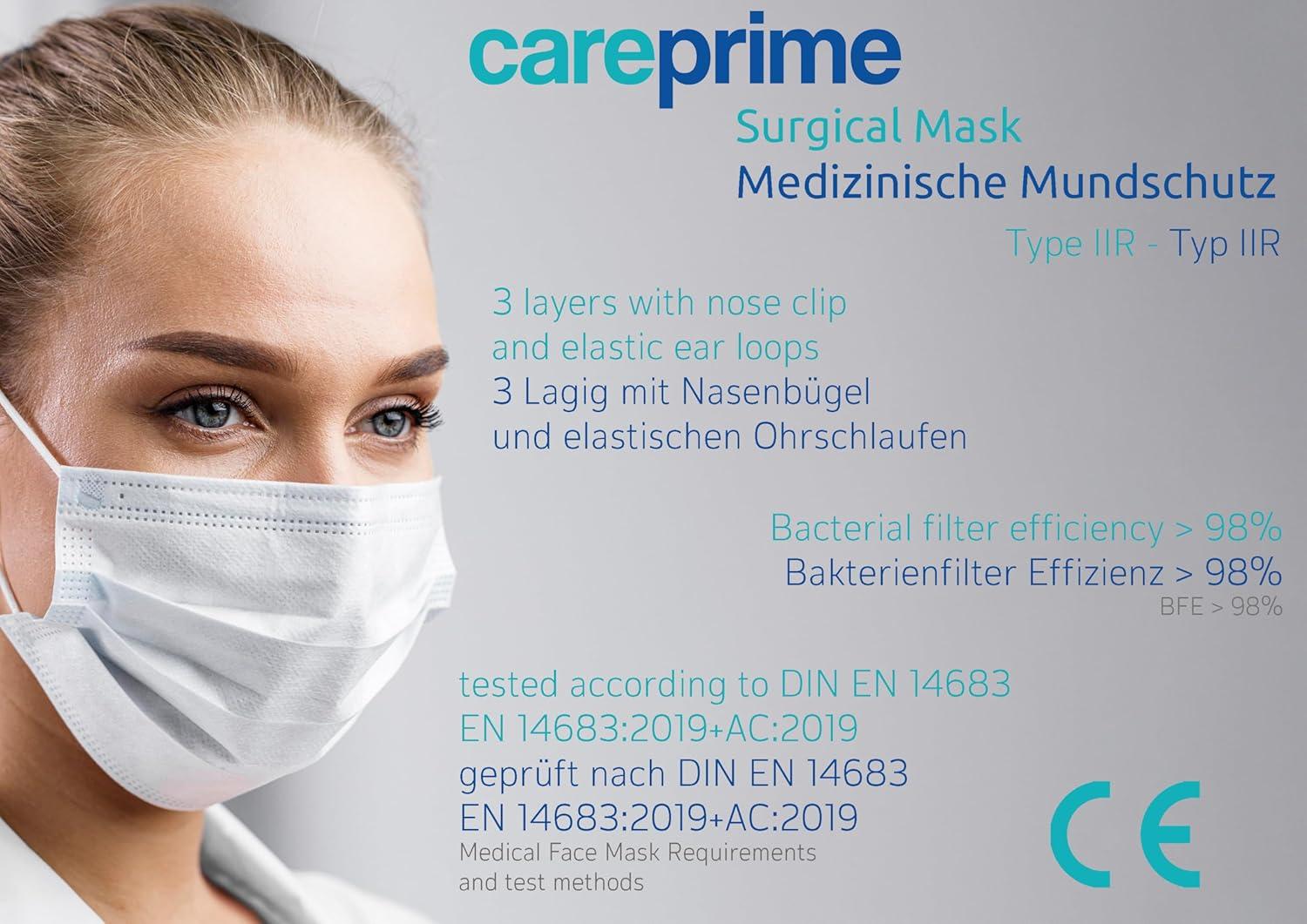 CarePrime Type IIR Surgical Face Mask | 50-Pack | BFE 98% | EN14683 ...