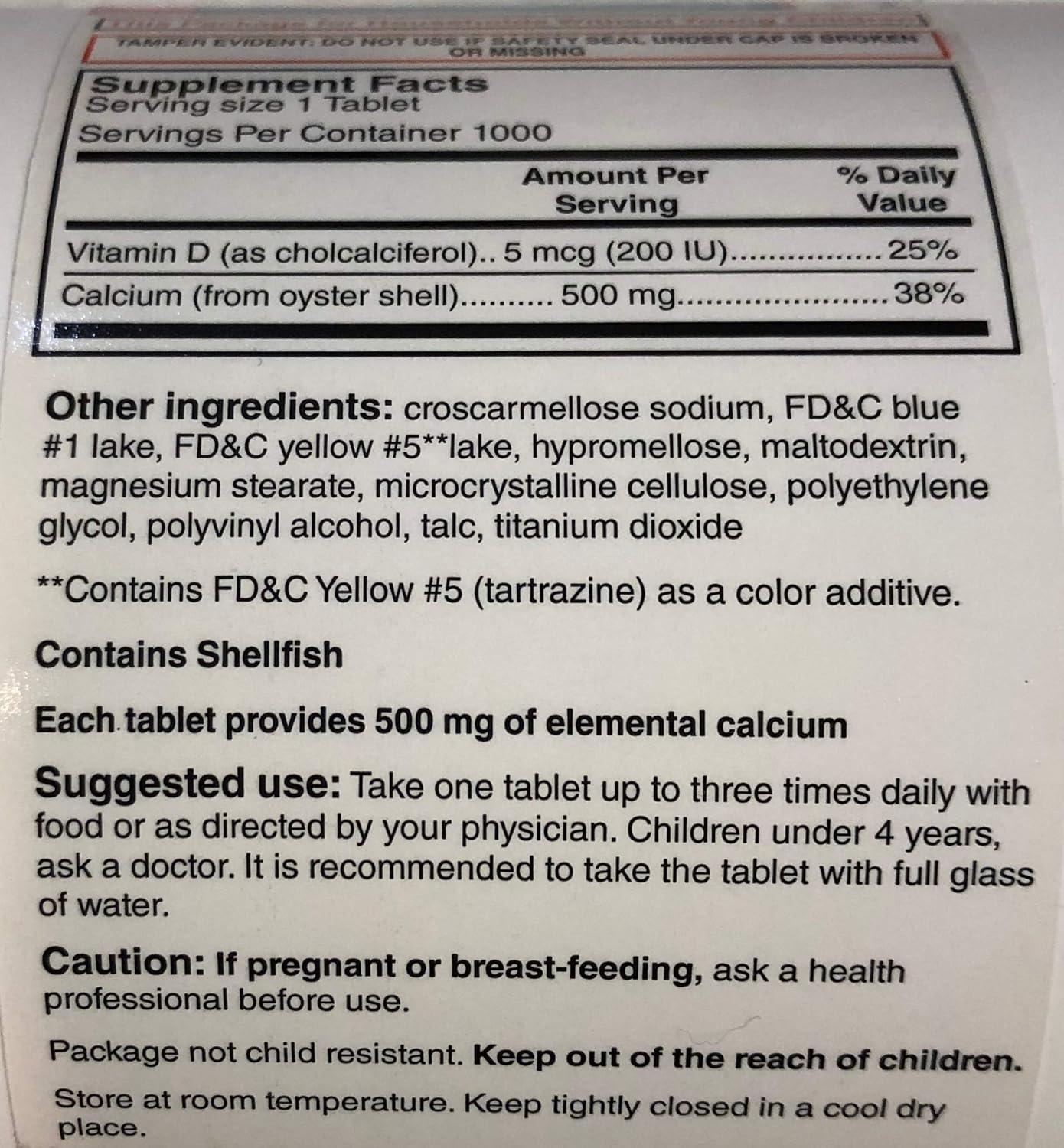 Oyster Shell Calcium 500mg + Vitamin D Supplement - 1000 Tablets | Buy ...