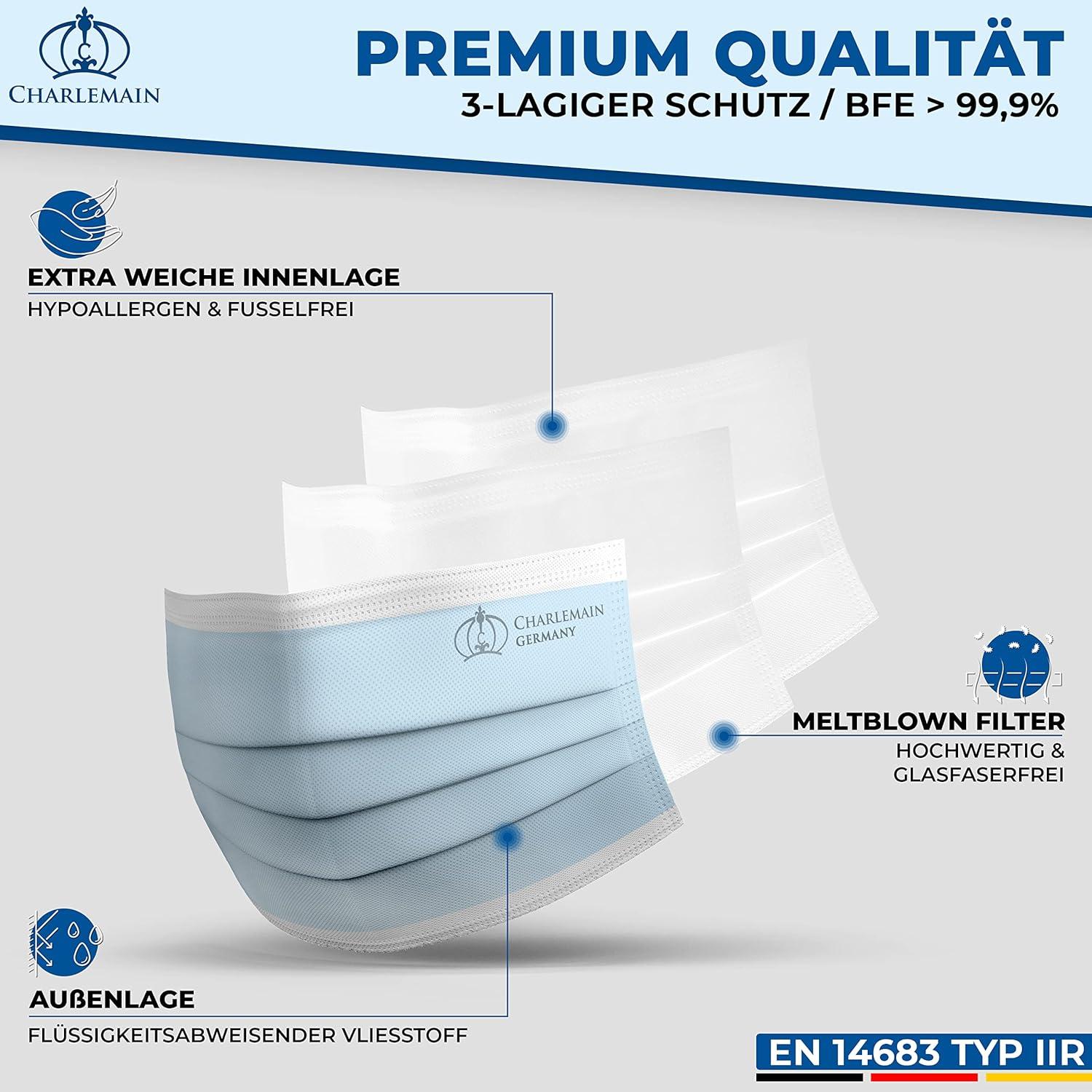 Charlemain 100x Medical Masks - EN 14683 Type IIR CE Certified BFE 99.9 ...