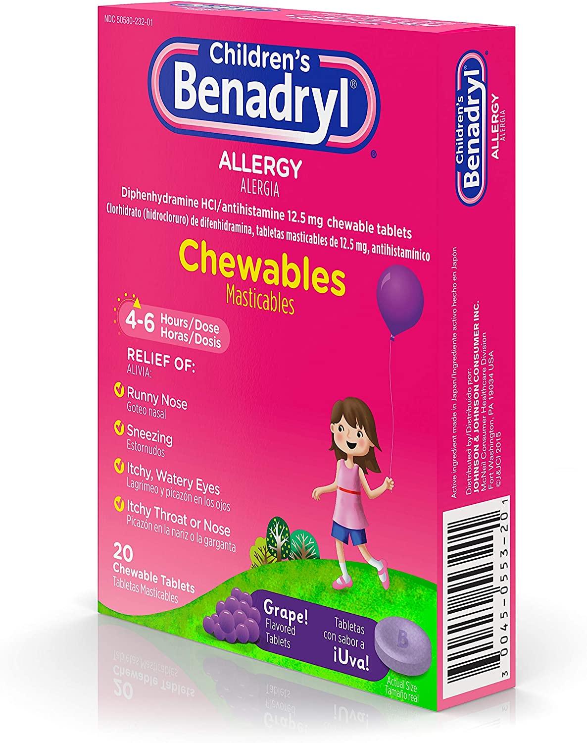 Children's Benadryl Allergy Chewables - Grape Flavor, 20 Count Pack ...