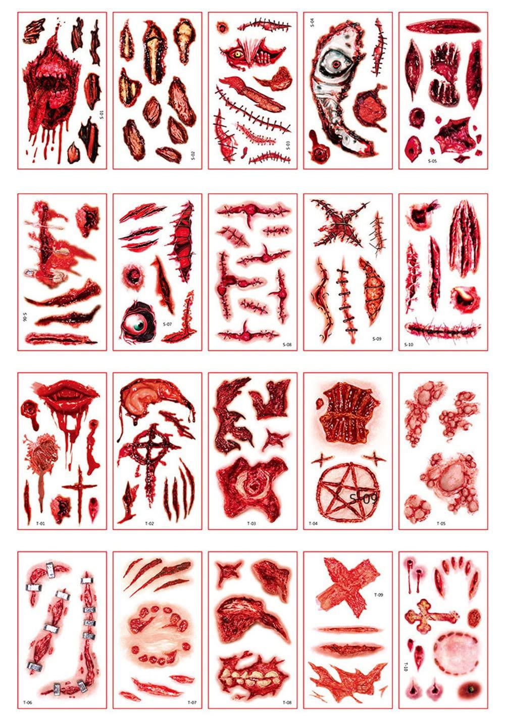 TOPORTY 20 Sheets Halloween Scar Tattoos - Realistic Fake Bloody Wound ...