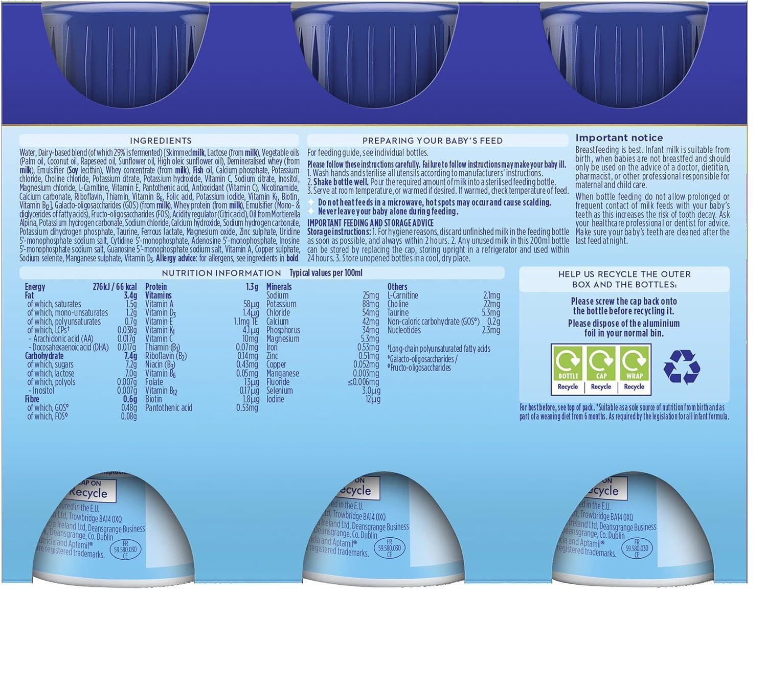 Aptamil 1 First Infant Baby Milk Ready to Use Liquid Formula 6x200ml ...