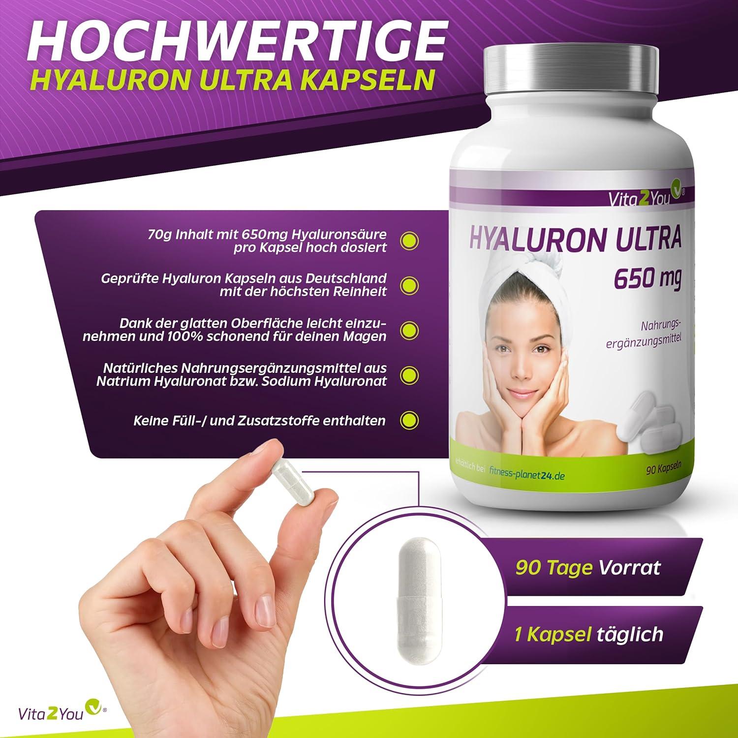 Vita2you Hyaluronic Acid Ultra 650mg - 90 Vegan Capsules | High-Dose 3 ...