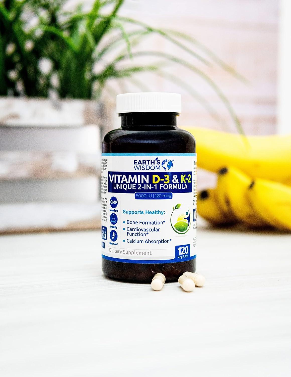Earth's Wisdom Vitamin D3 5000 IU with K2 (MK7) Formula - 120 Capsules ...