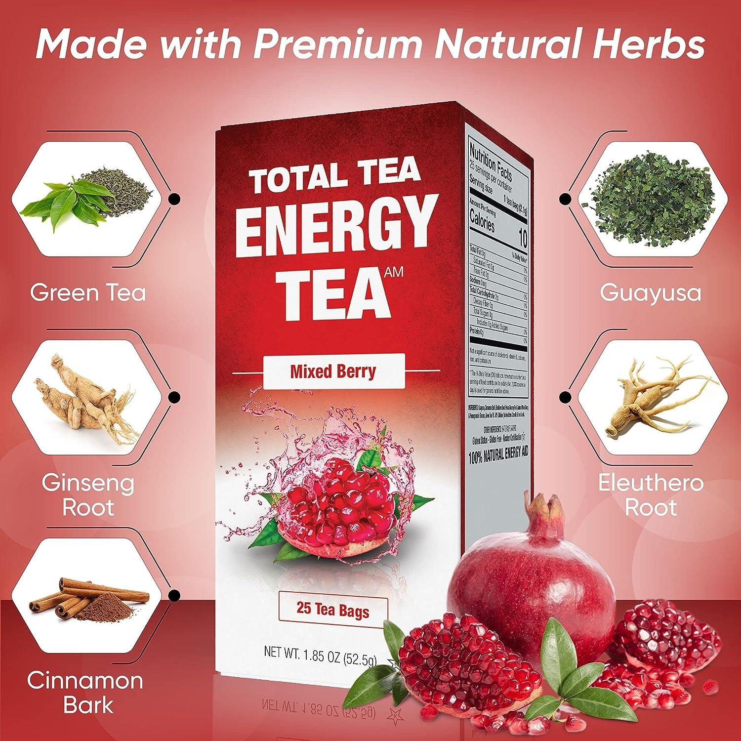 Total Tea Energy Tea Bags with Caffeine - Mixed Berry Flavored Green ...