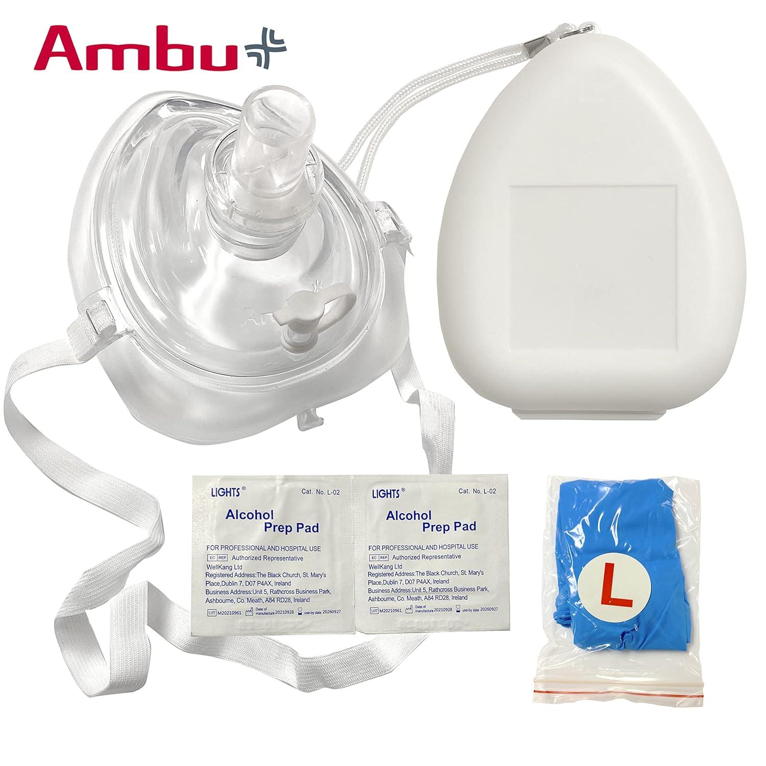 Portable Ambu CPR Mask Kit with Hard Case, O2 Inlet, Gloves, Wipes - 1 Pack