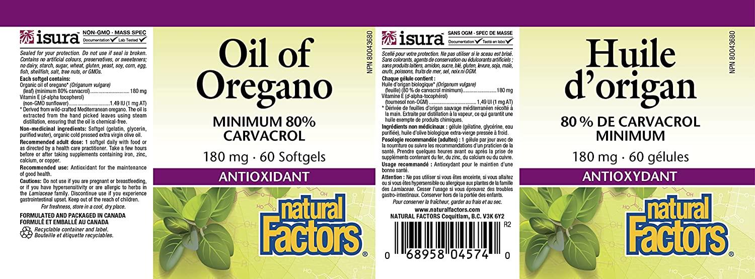Natural Factors Oil of Oregano 180mg with Extra Virgin Olive Oil - 60 ...