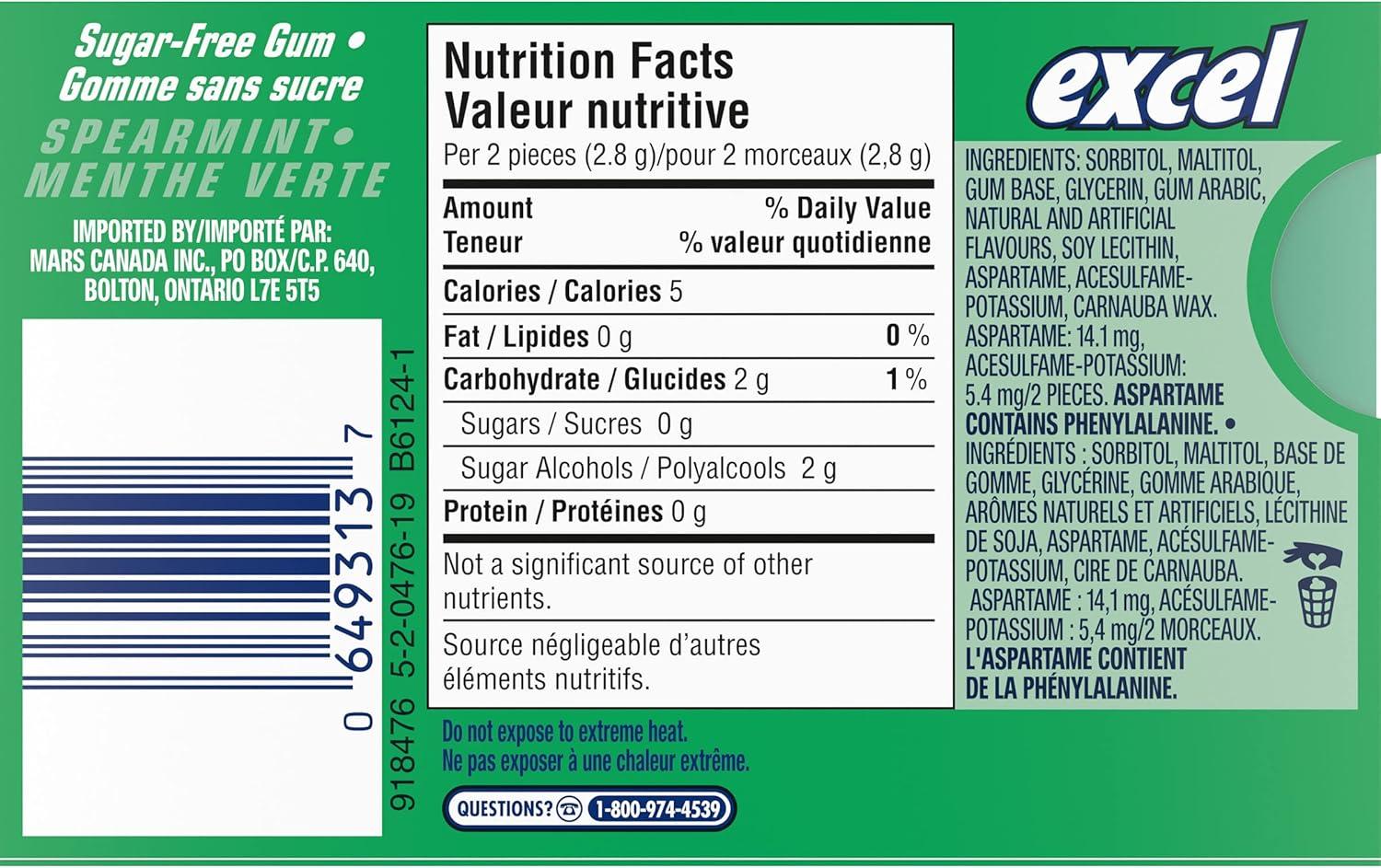 EXCEL Spearmint Flavoured Sugar Free Chewing Gum 12 Pieces 12 Packs ...