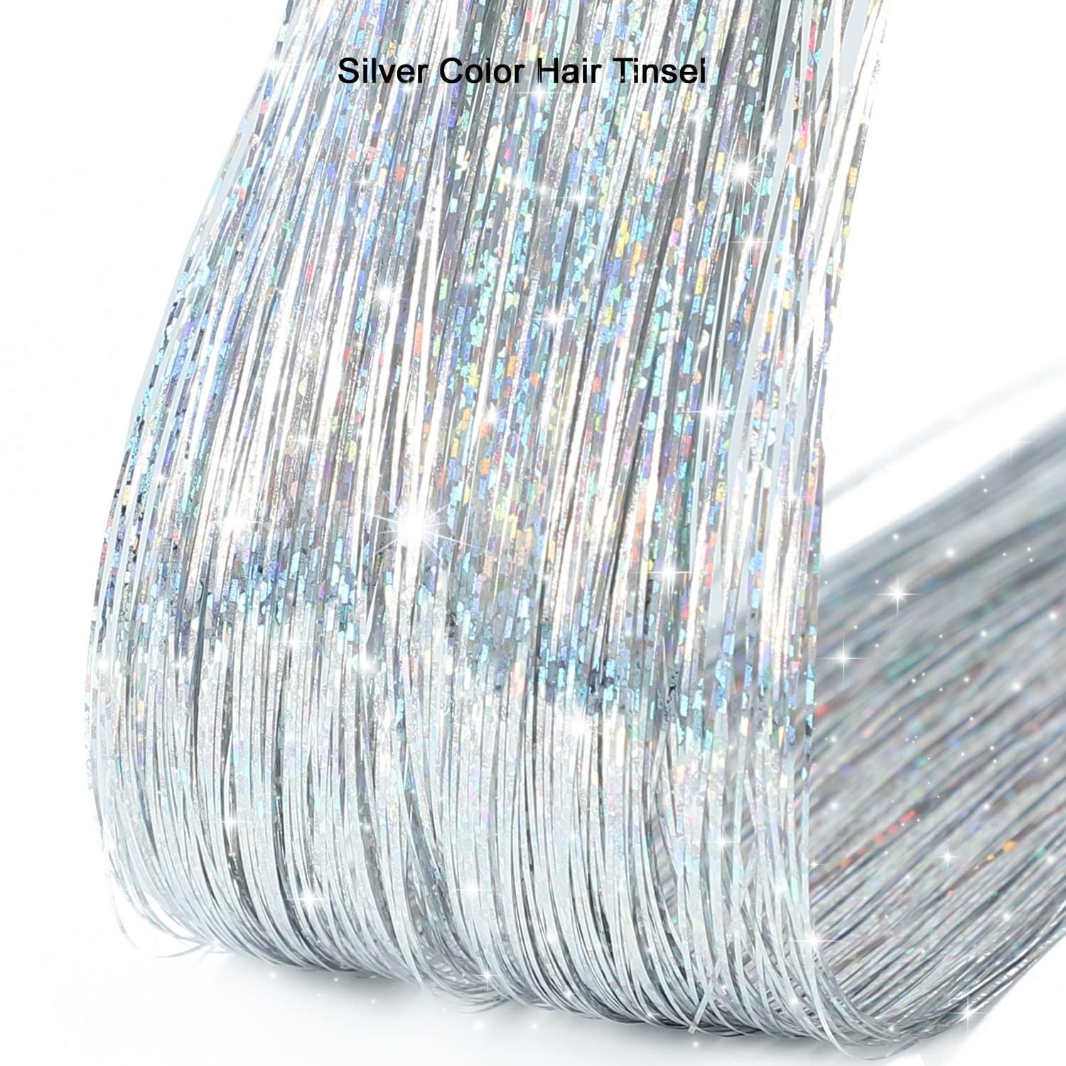Silver Hair Tinsel Kit - 1200 Strands, Heat Resistant Fairy Tinsel for Halloween & Christmas ...