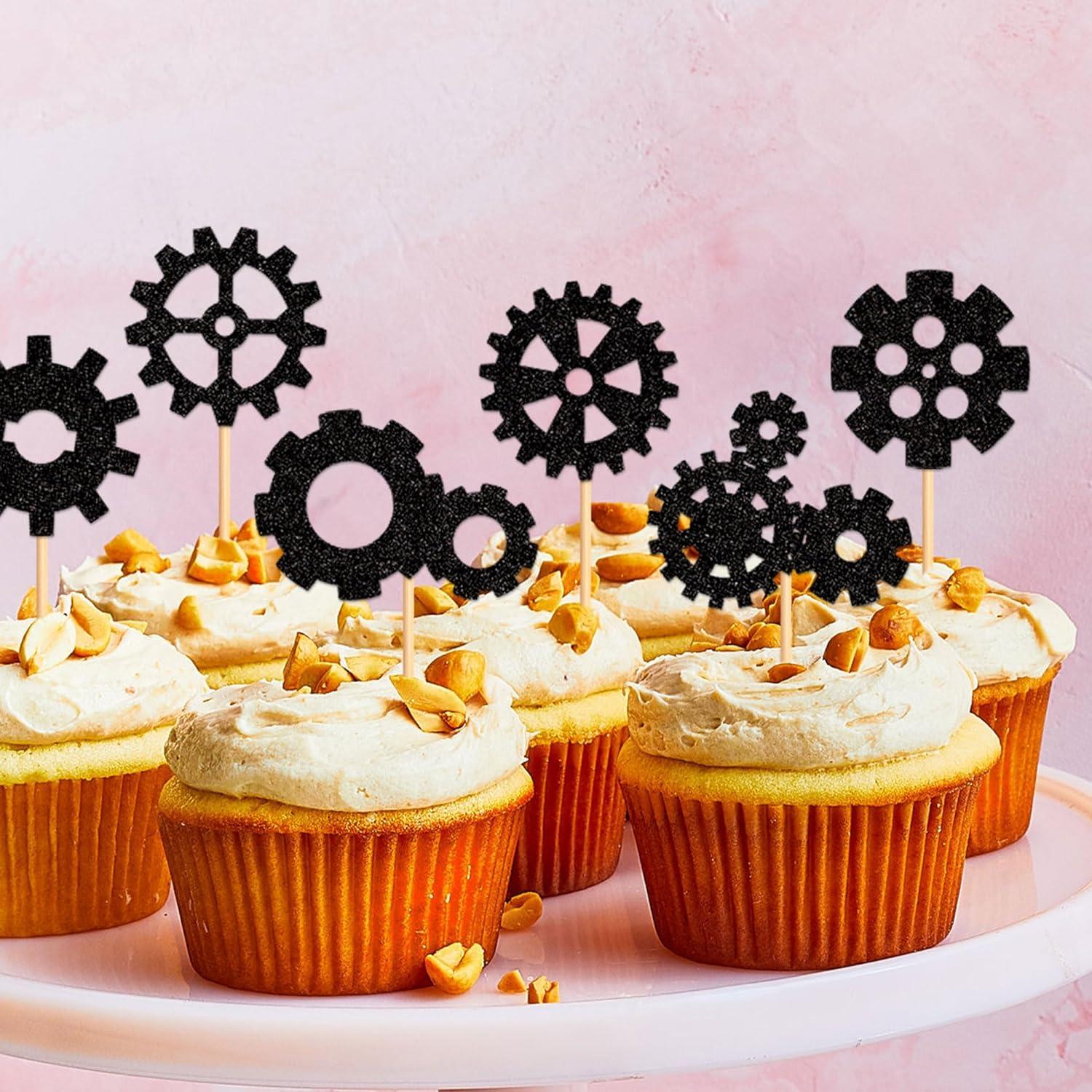 Ercadio 24 Pack Robot Gears Cupcake Toppers Black Cartoon Robot Gears ...