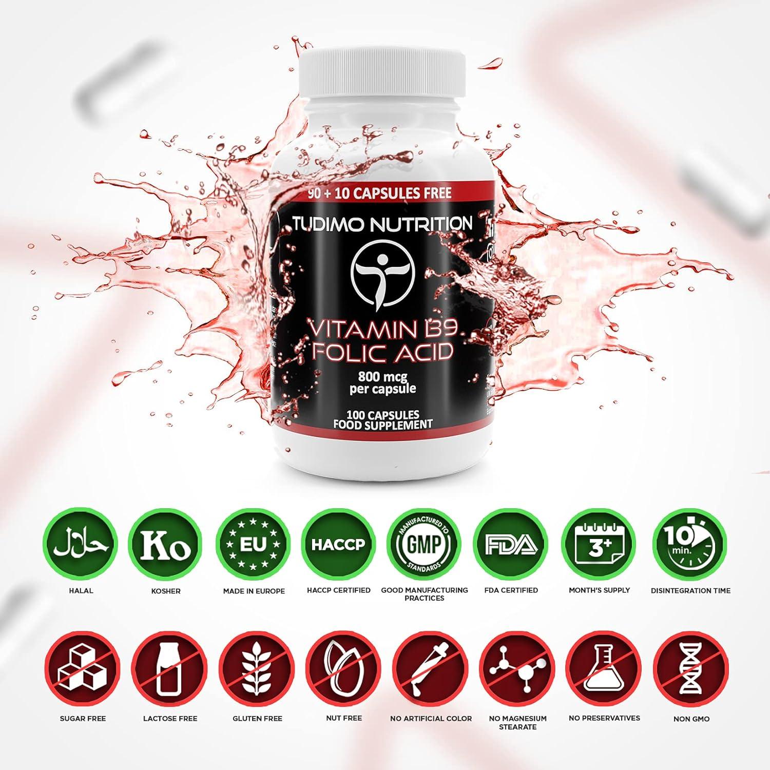 Premium Quality Vitamin B9 Folic Acid 800mcg Capsules - 100 pcs (3 ...