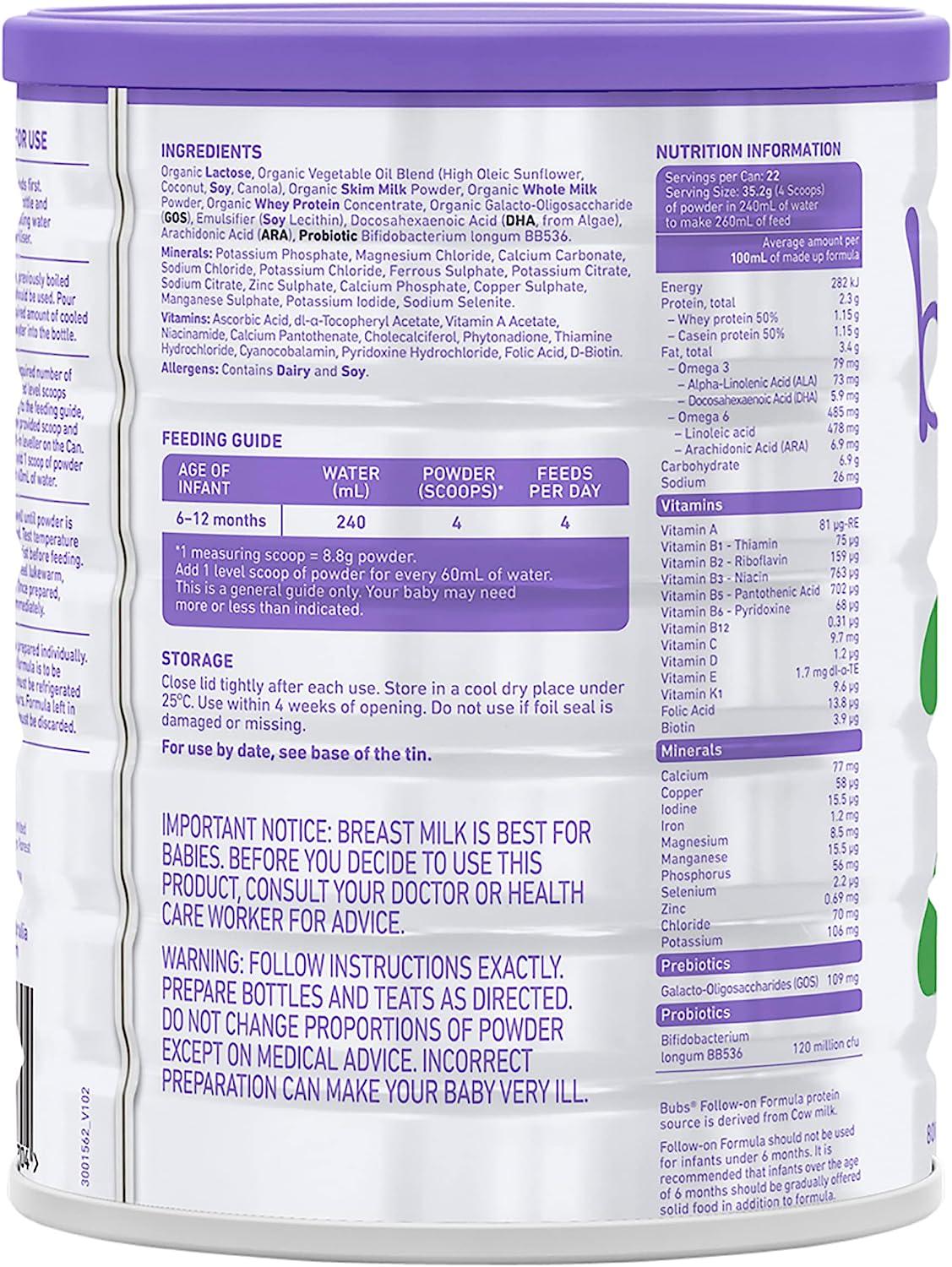 Bubs Organic Grass Fed Stage 2 Follow-On Formula | 6-12 Months | Made ...