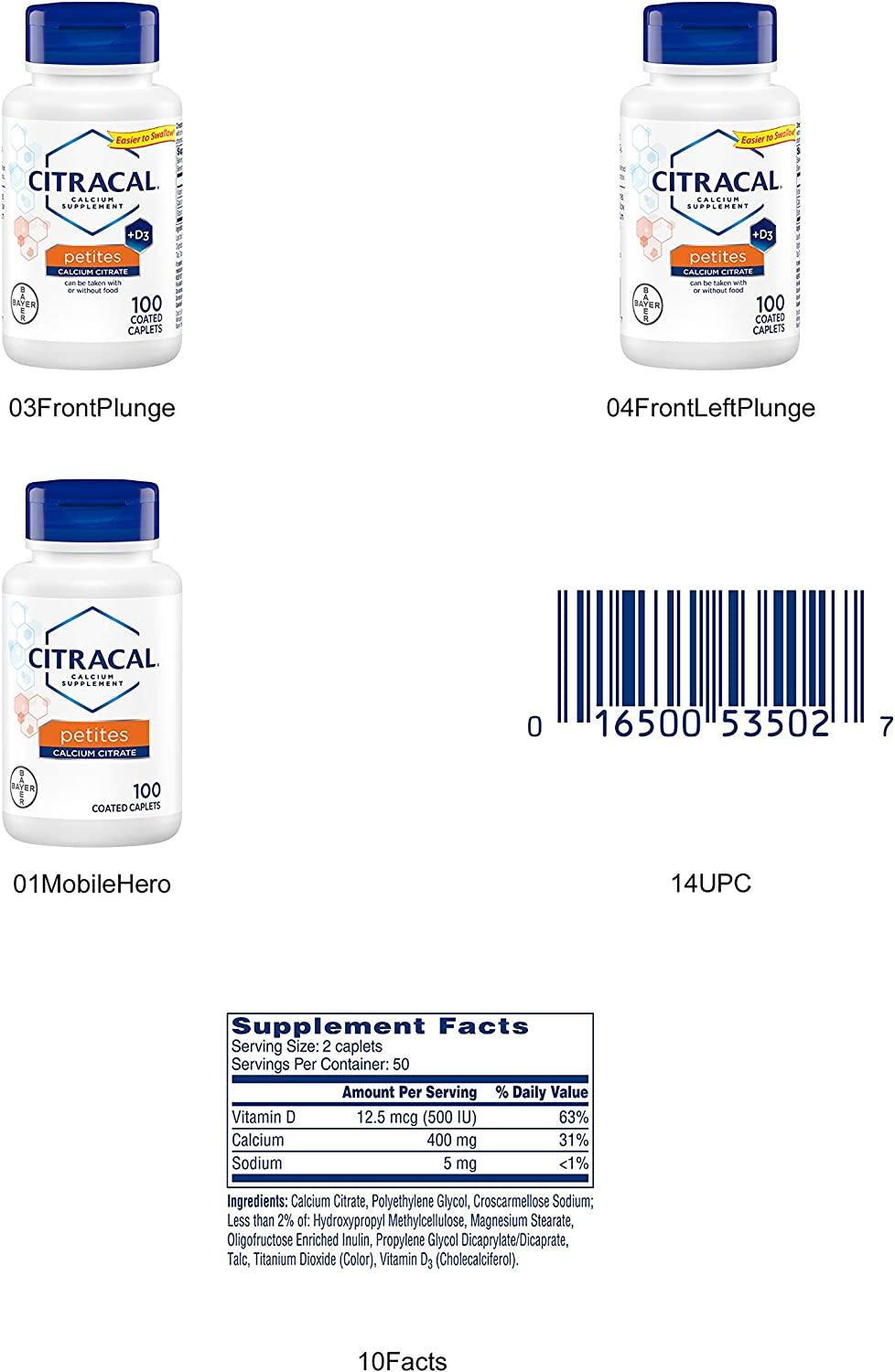 Citracal Calcium + D3 Petites - 100 Coated Caplets for Bone Health ...