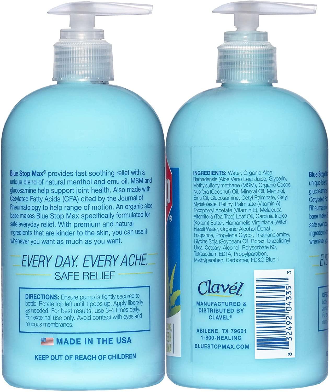 Blue Stop Max Massage Gel with Aloe Vera, Emu Oil & Menthol - 16 Oz ...