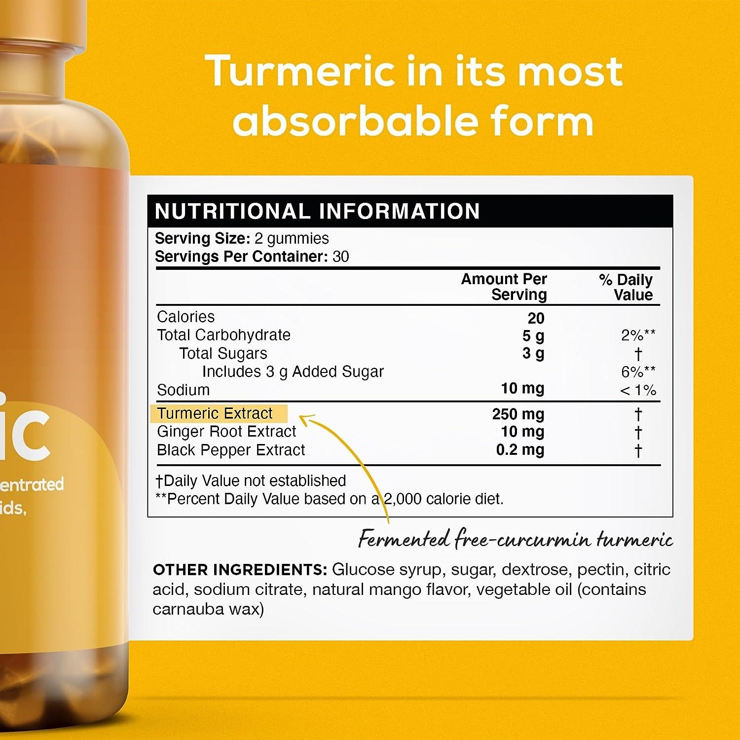 Turmeric Gummies for Adults with Black Pepper & Ginger Root - 60 Vegan ...