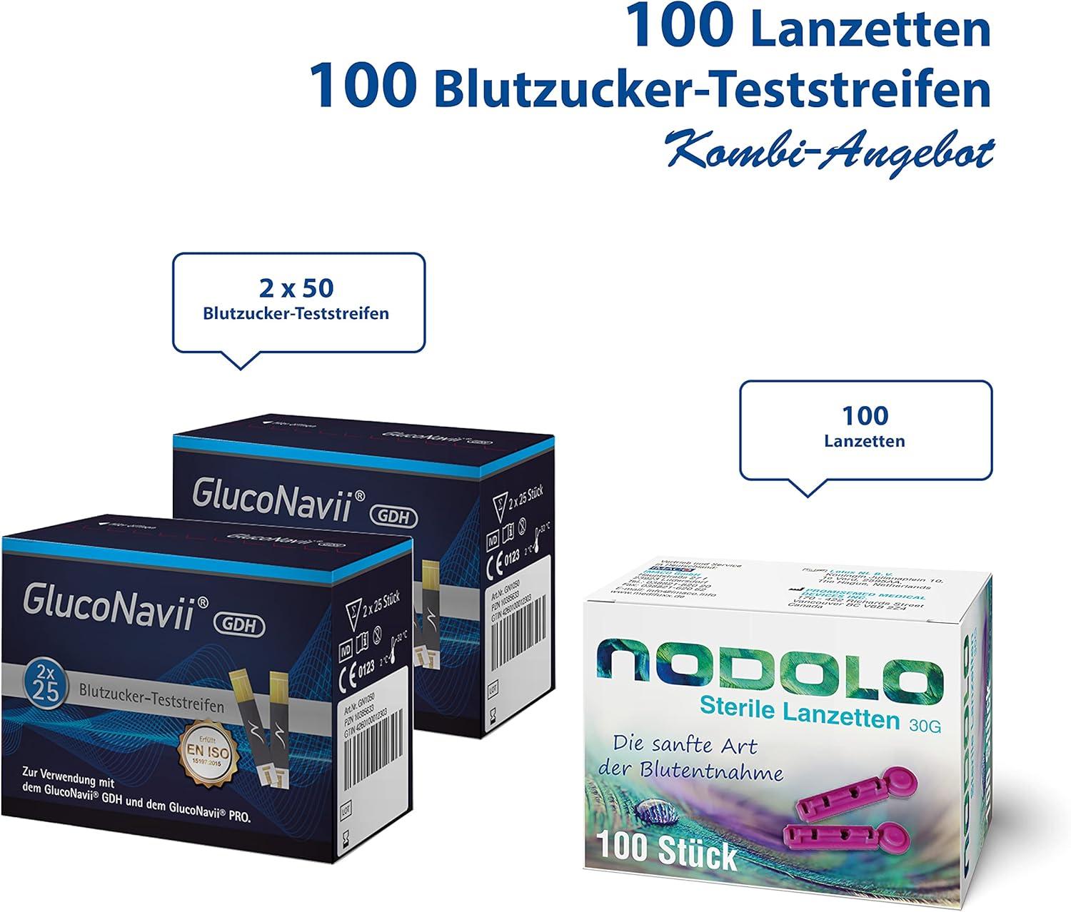 GlucoNavii Blood Glucose Test Strips & Nodolo Lancets Bundle | 100 Test ...
