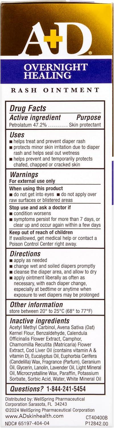 A+D Overnight Healing Diaper Rash Ointment - Soothes & Protects with ...