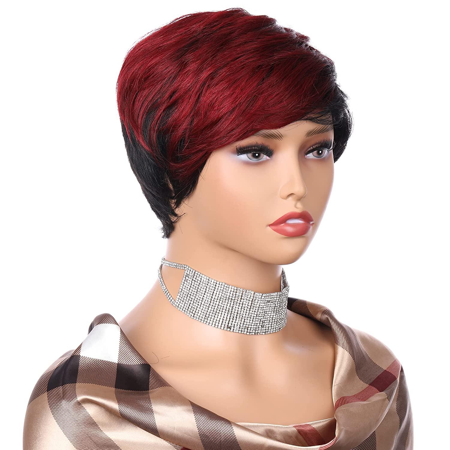 Alcobi Pixie Cut Human Hair Bob Wigs with Bangs - African American Red ...