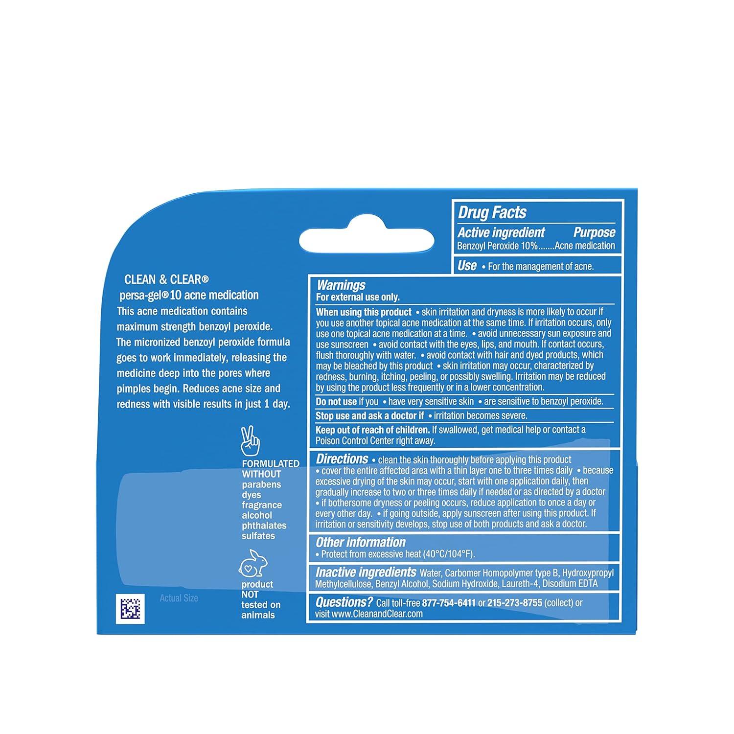 Clean & Clear Persa-Gel 10 Acne Medication with 10% Benzoyl Peroxide ...