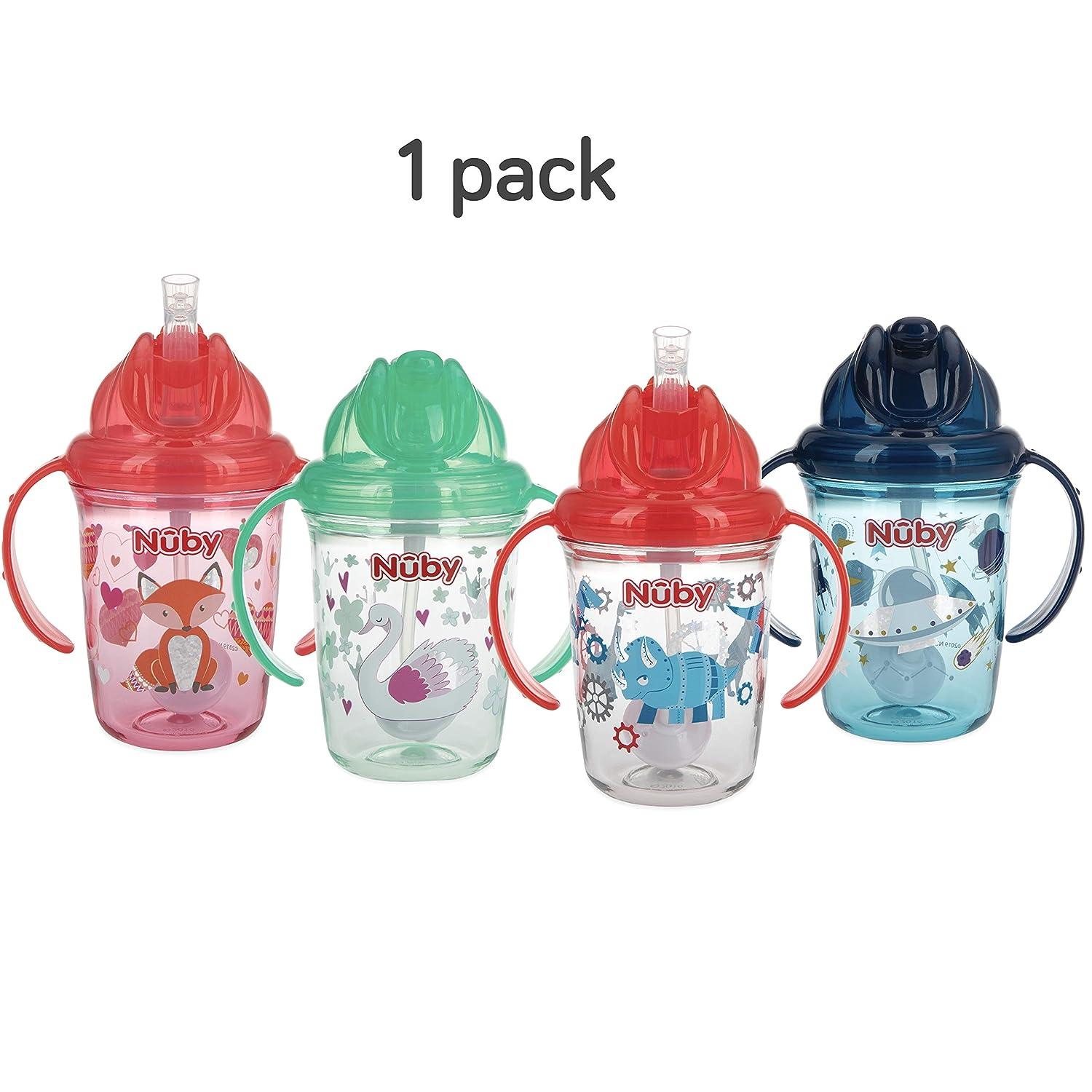 Nuby No Spill Flip N Sip 2 Handle Tritan 360 Weighted Straw Glitter Print - 8oz/ 240 Ml/ 12 M+ ...
