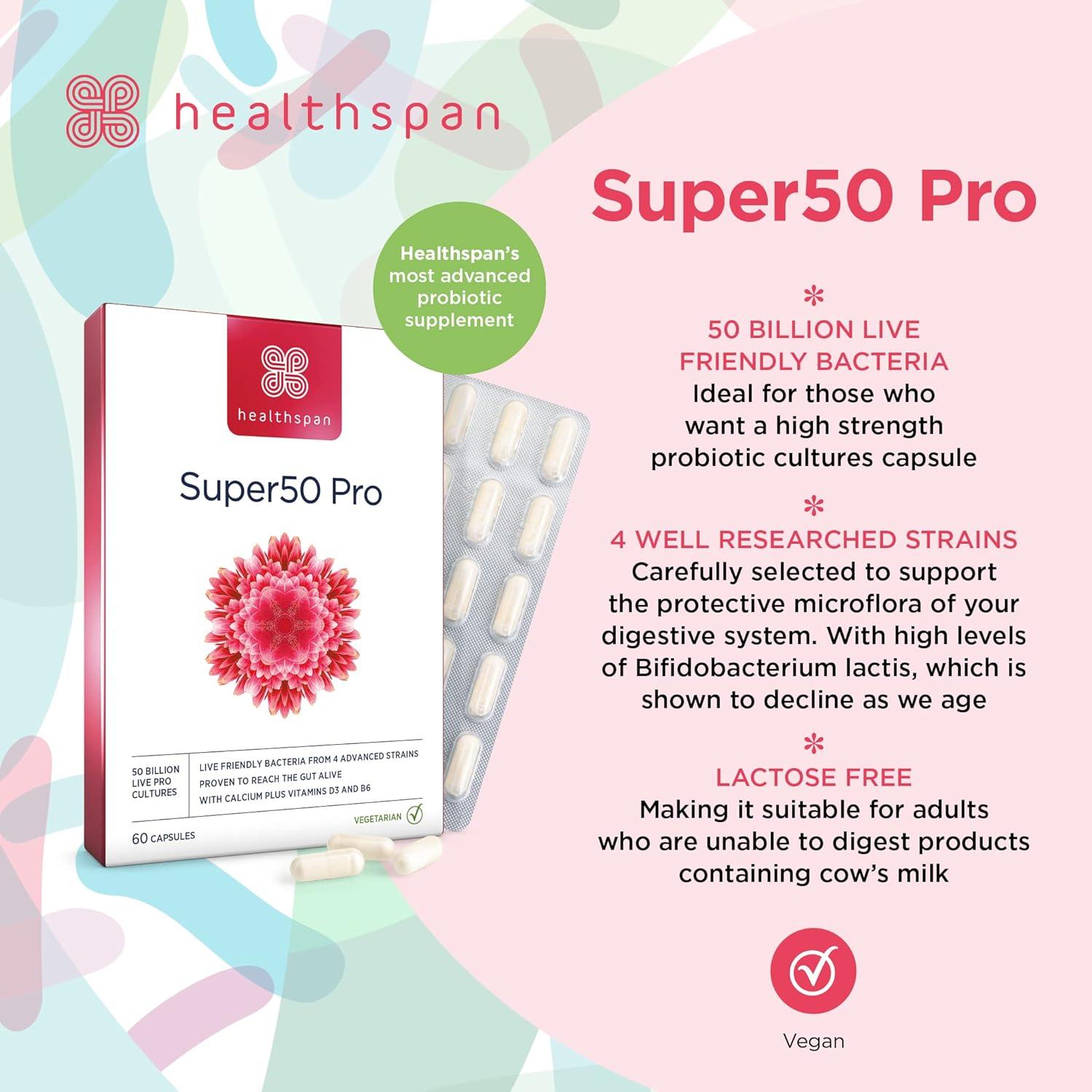 Healthspan Super50 Probiotic with Vitamin D3 - 50 Billion Live Cultures ...