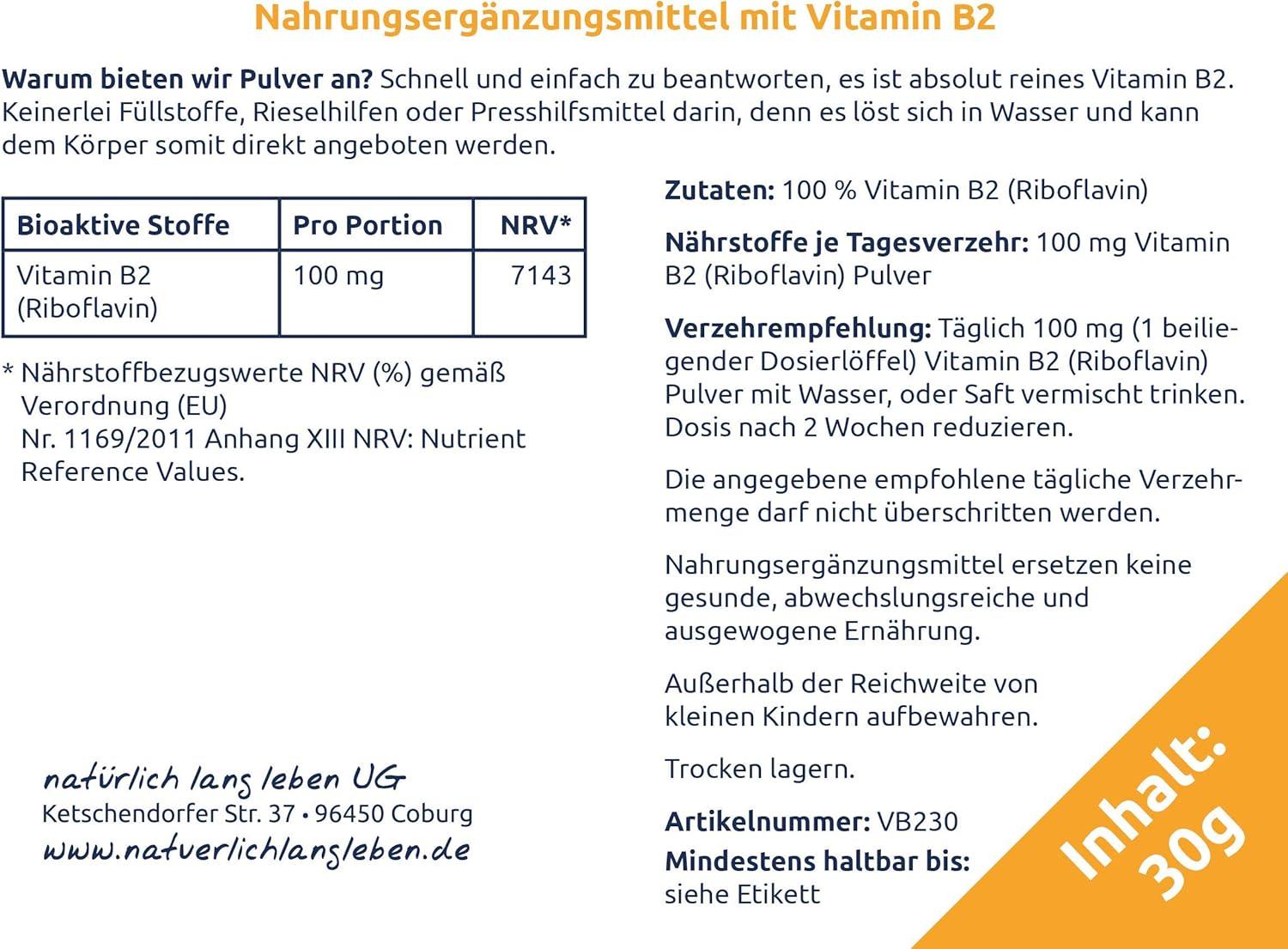 Vitamin B2 Powder 30g - Pure Riboflavin Supplement Without Additives ...